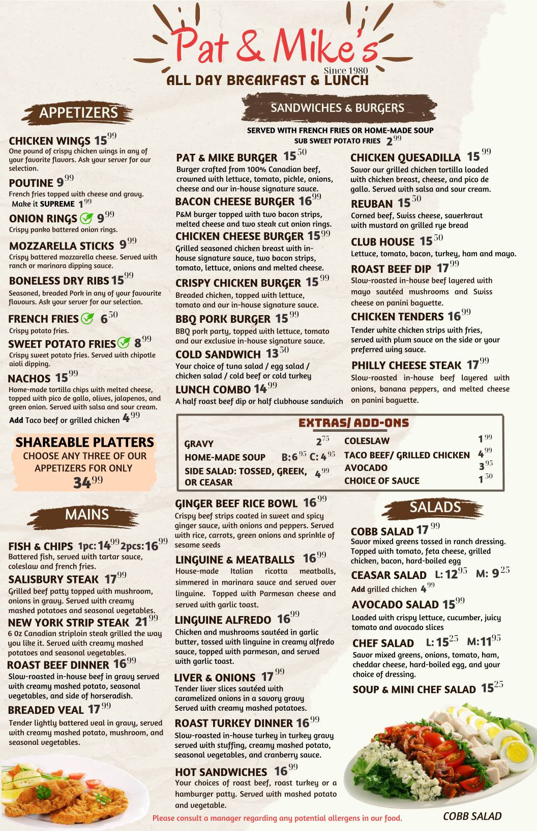 Menu at Pat & Mike's Family Restaurant, Edmonton