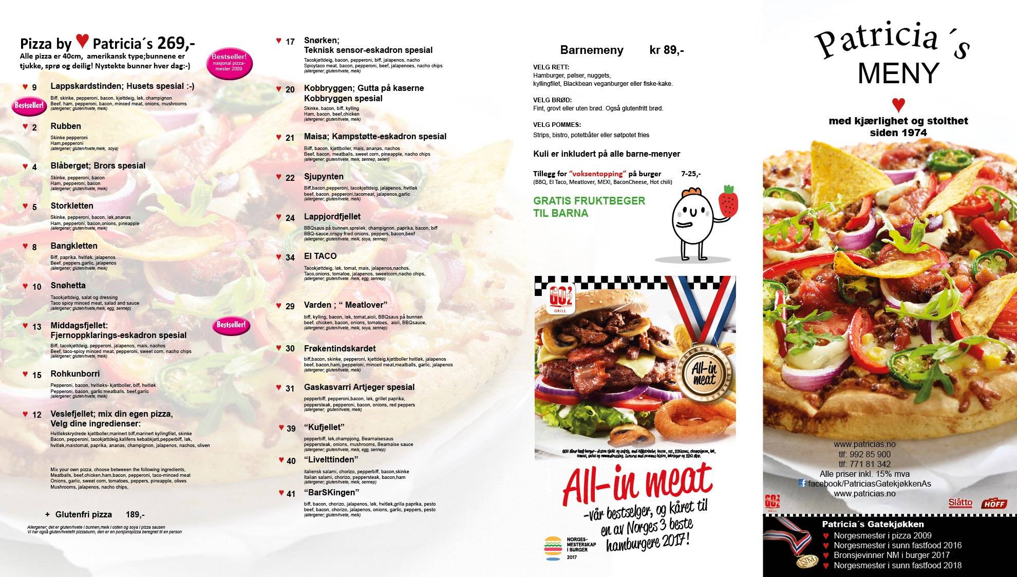 Menu at Patricia's Gatekjøkken pizzeria, Setermoen