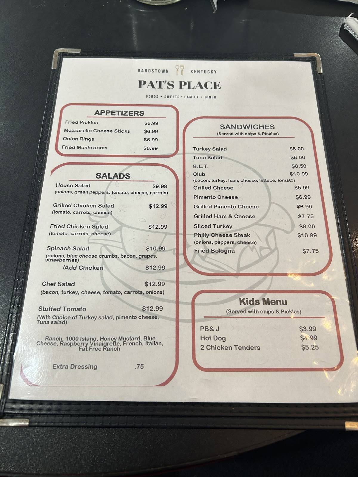 Menu at Pat's Place restaurant, Bardstown