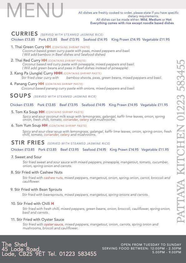 Menu at Pattaya Kitchen at The Shed pub & bar, Lode