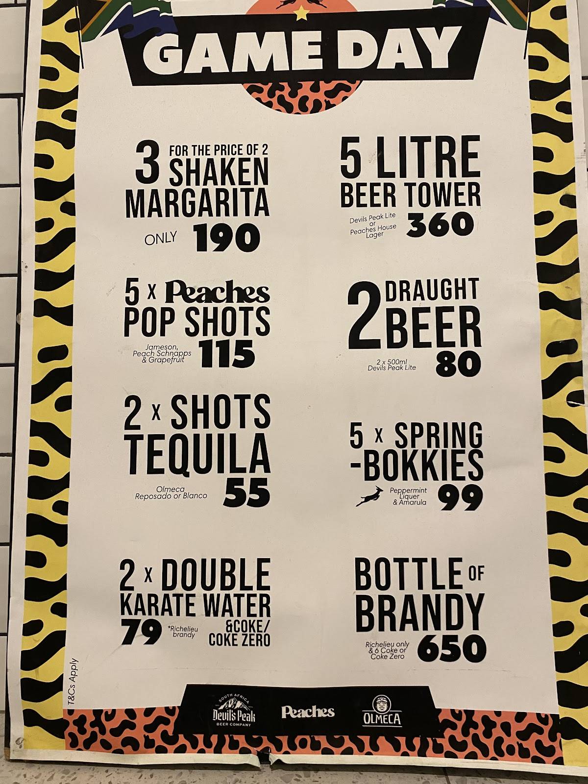 Menu at Peaches restaurant, Pretoria