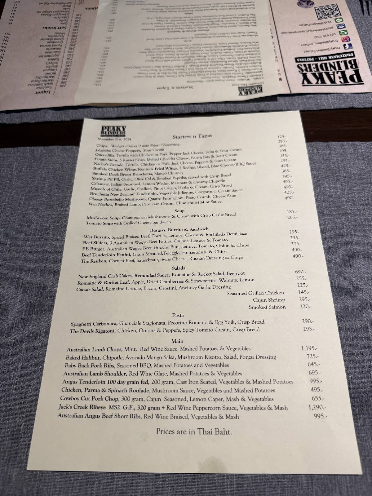 Menu at Peaky Blinders Pattaya restaurant, Pattaya City