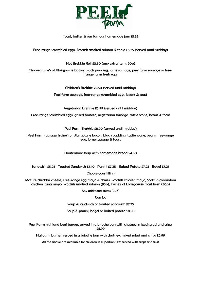 Menu at Peel Farm cafe, England