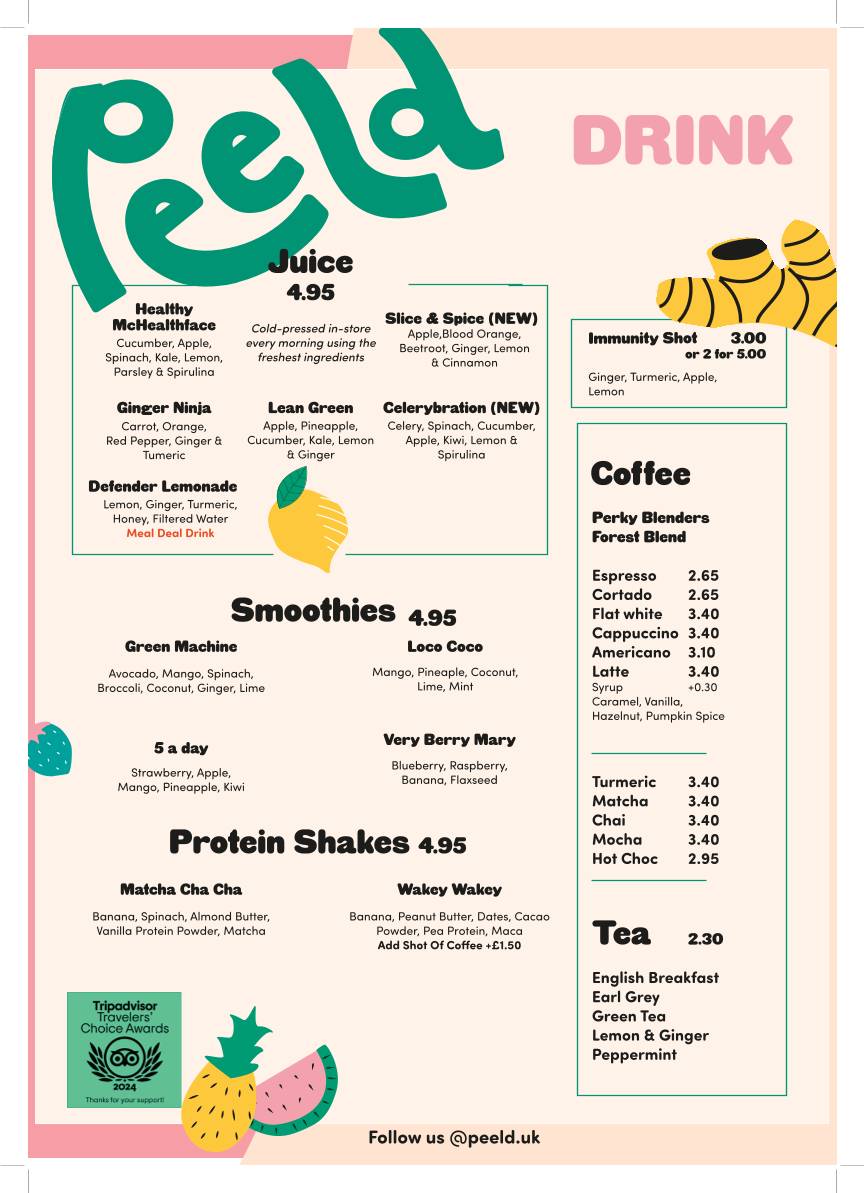 Menu at Peeld restaurant, London