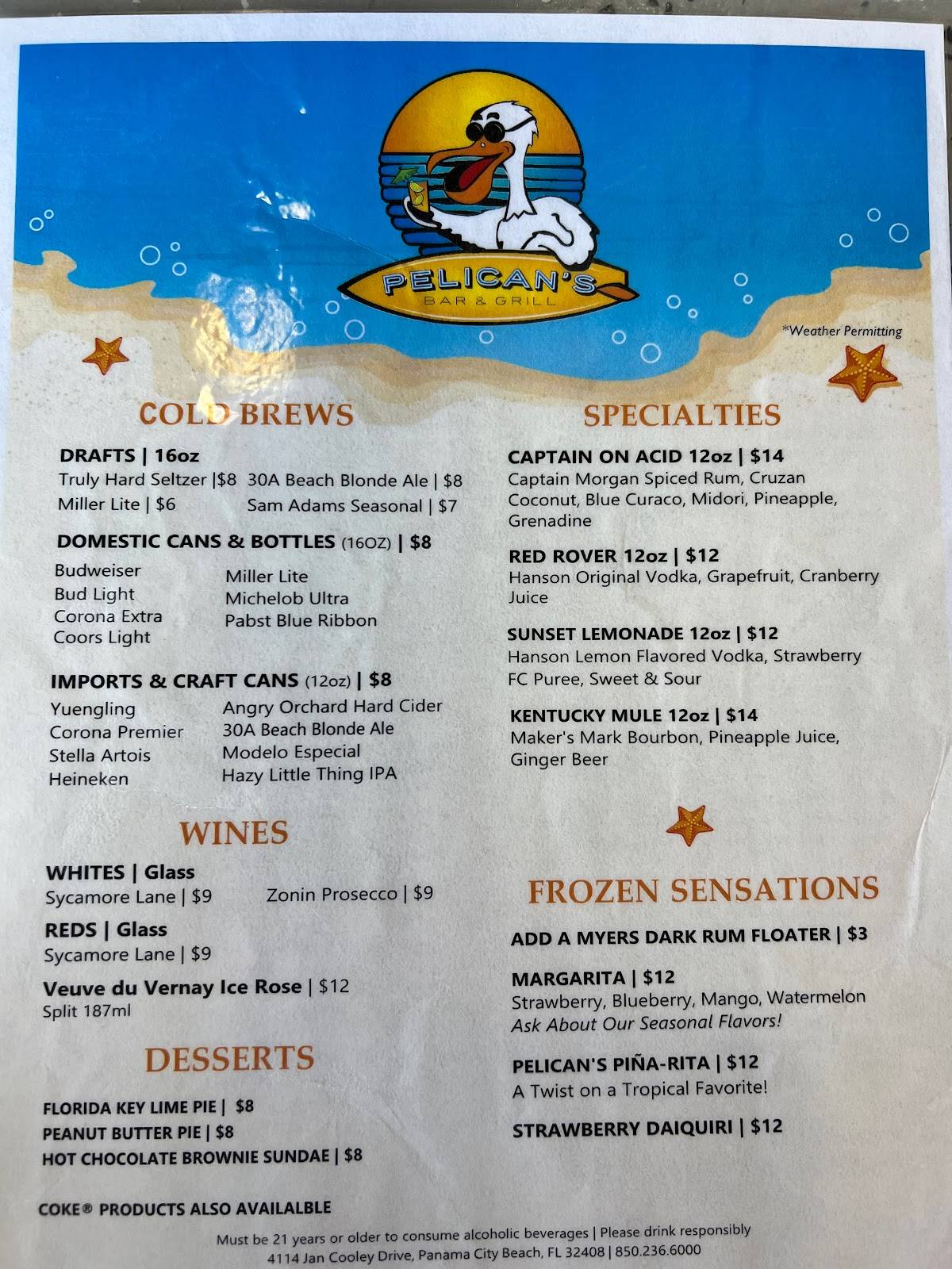 Menu at Pelican's Bar, Panama City Beach