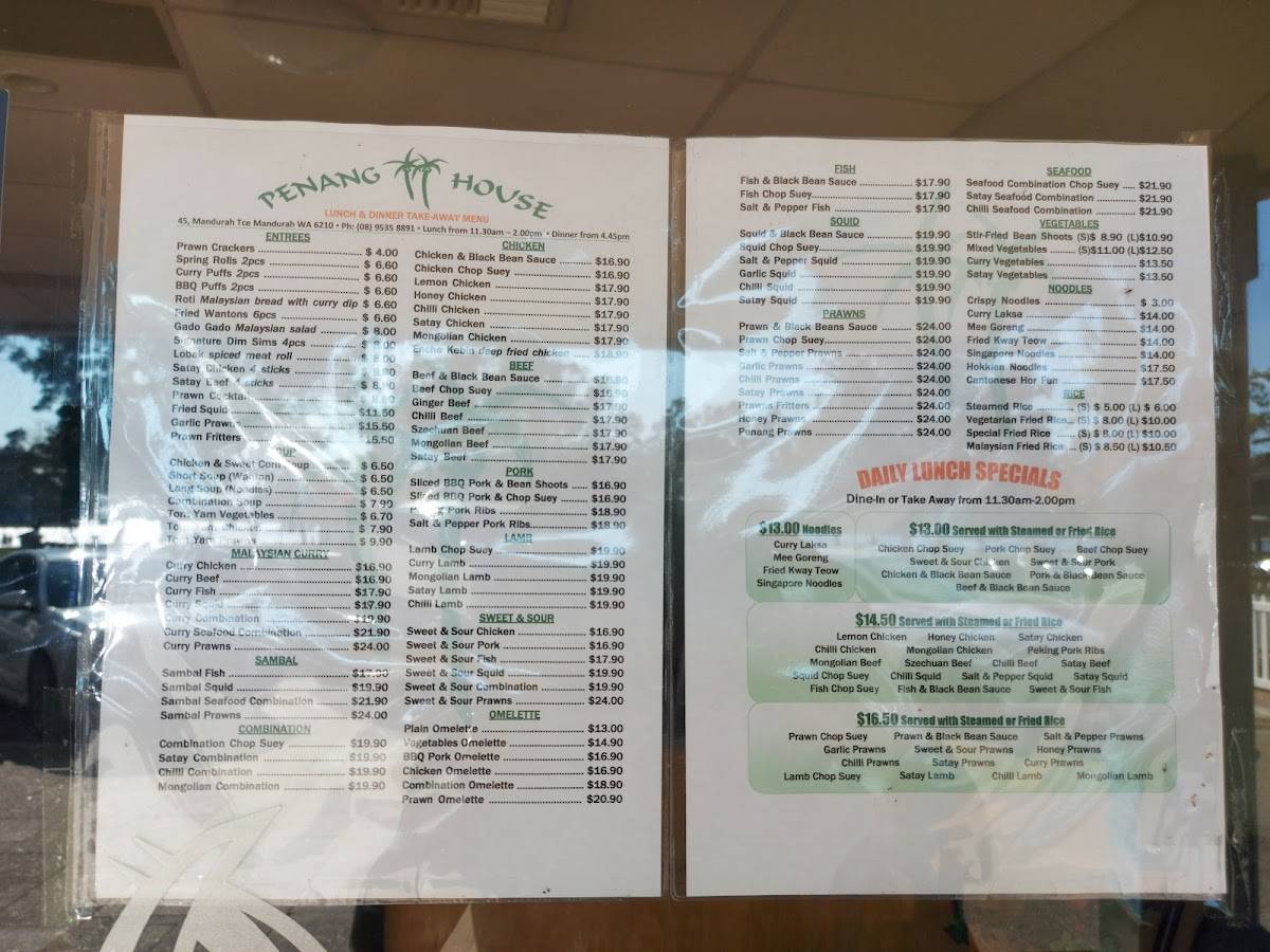 Menu at Penang House restaurant, Mandurah