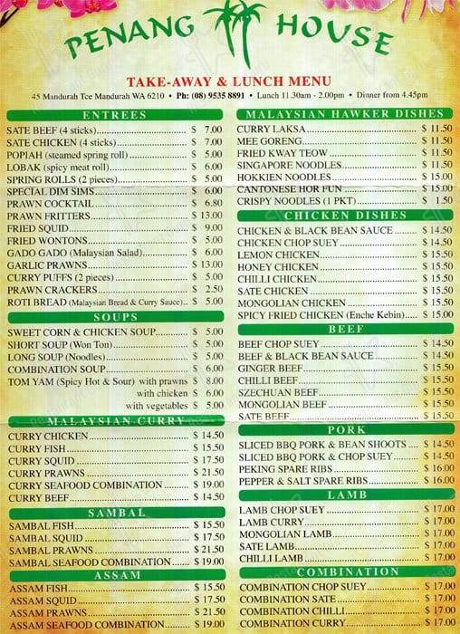 Menu at Penang House restaurant, Mandurah