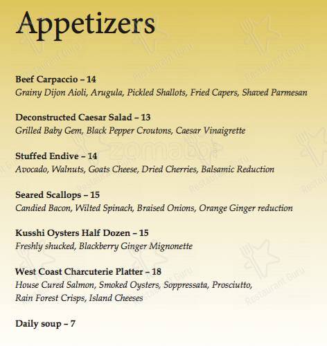 Menu at Pendray Inn cafe, Victoria