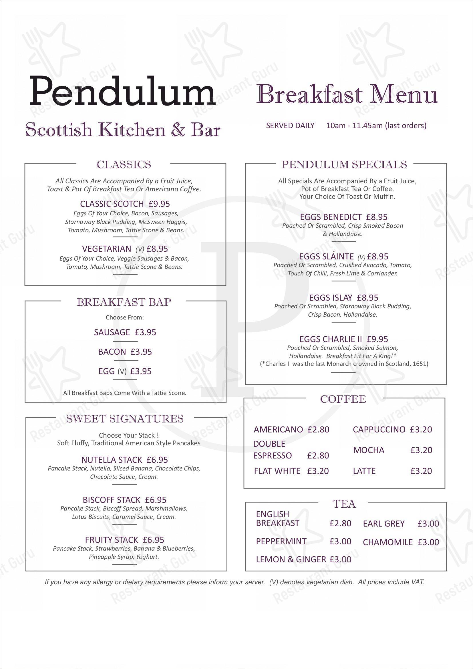 Menu at Pendulum Bar & Grill, Paisley