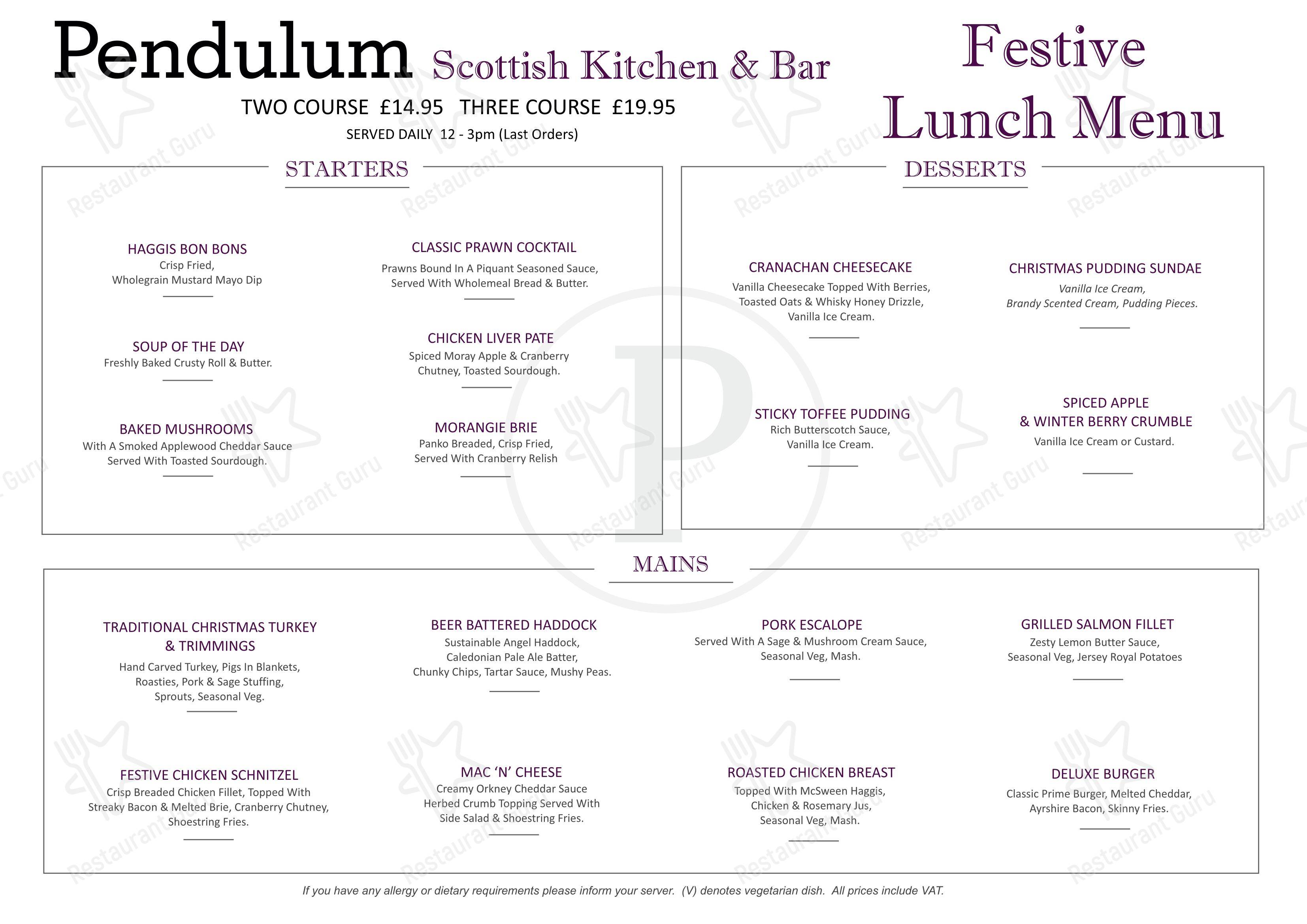 Menu at Pendulum Bar & Grill, Paisley