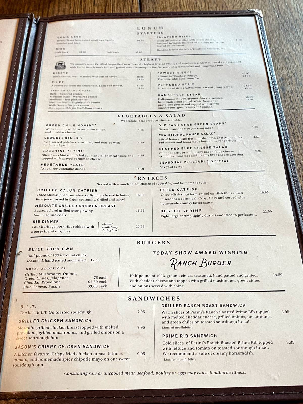 Menu at Perini Ranch Steakhouse, Buffalo Gap