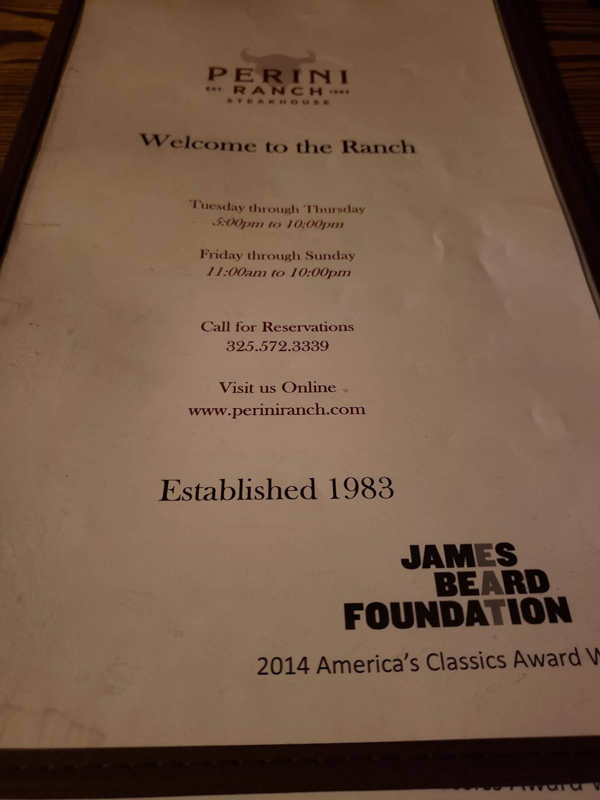 Menu at Perini Ranch Steakhouse, Buffalo Gap