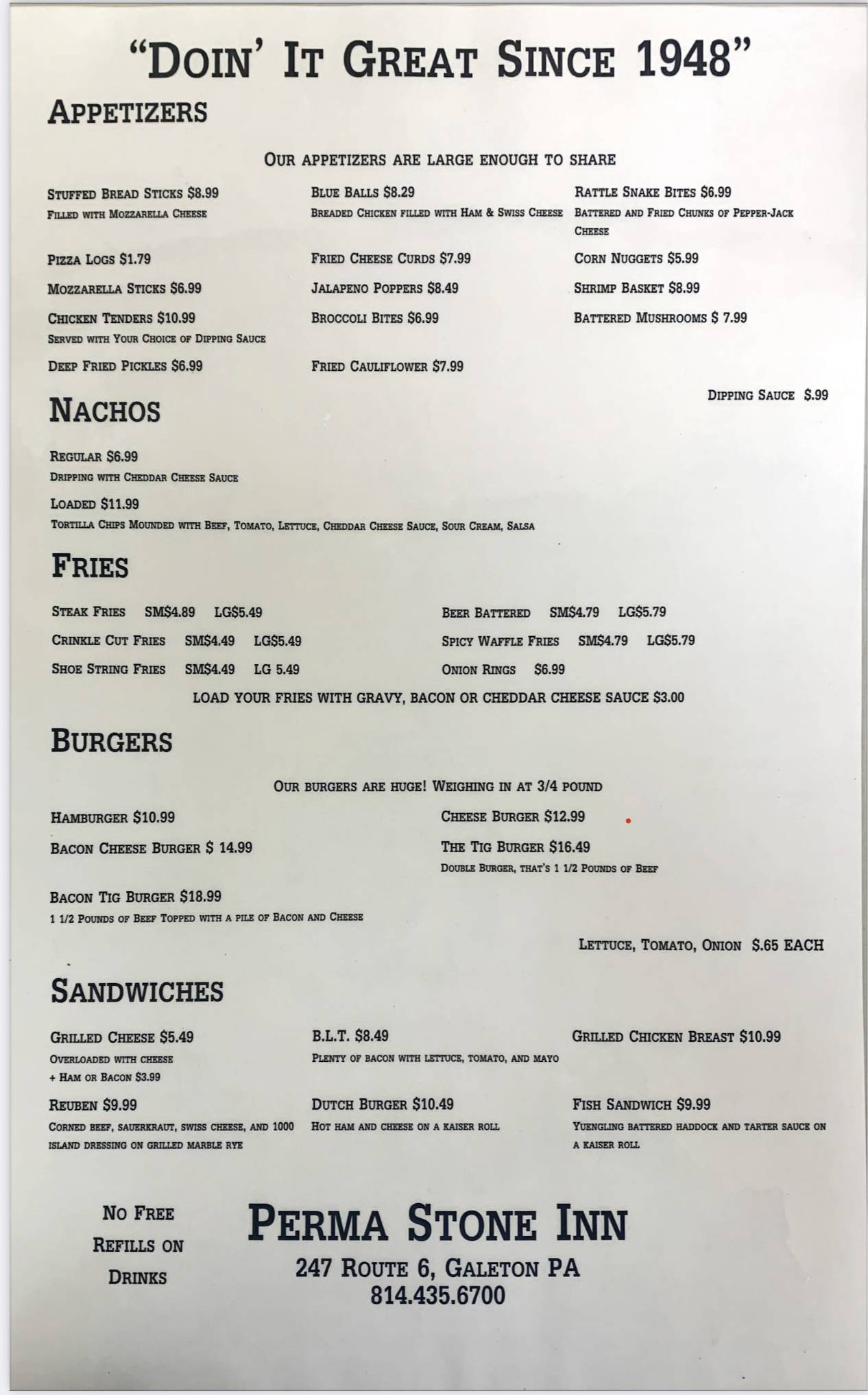 Menu at Perma Stone Inn restaurant, Galeton
