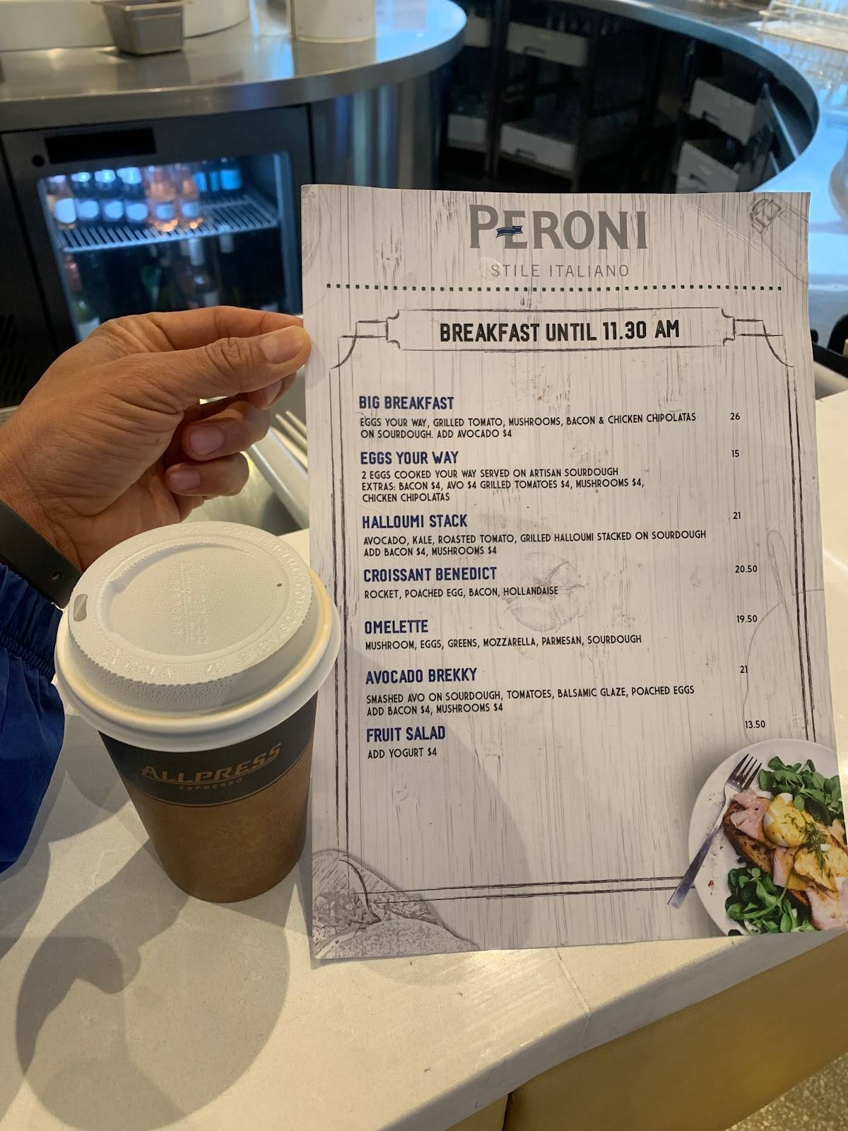 Menu at Peroni Bar, Mascot, Departure Plaza