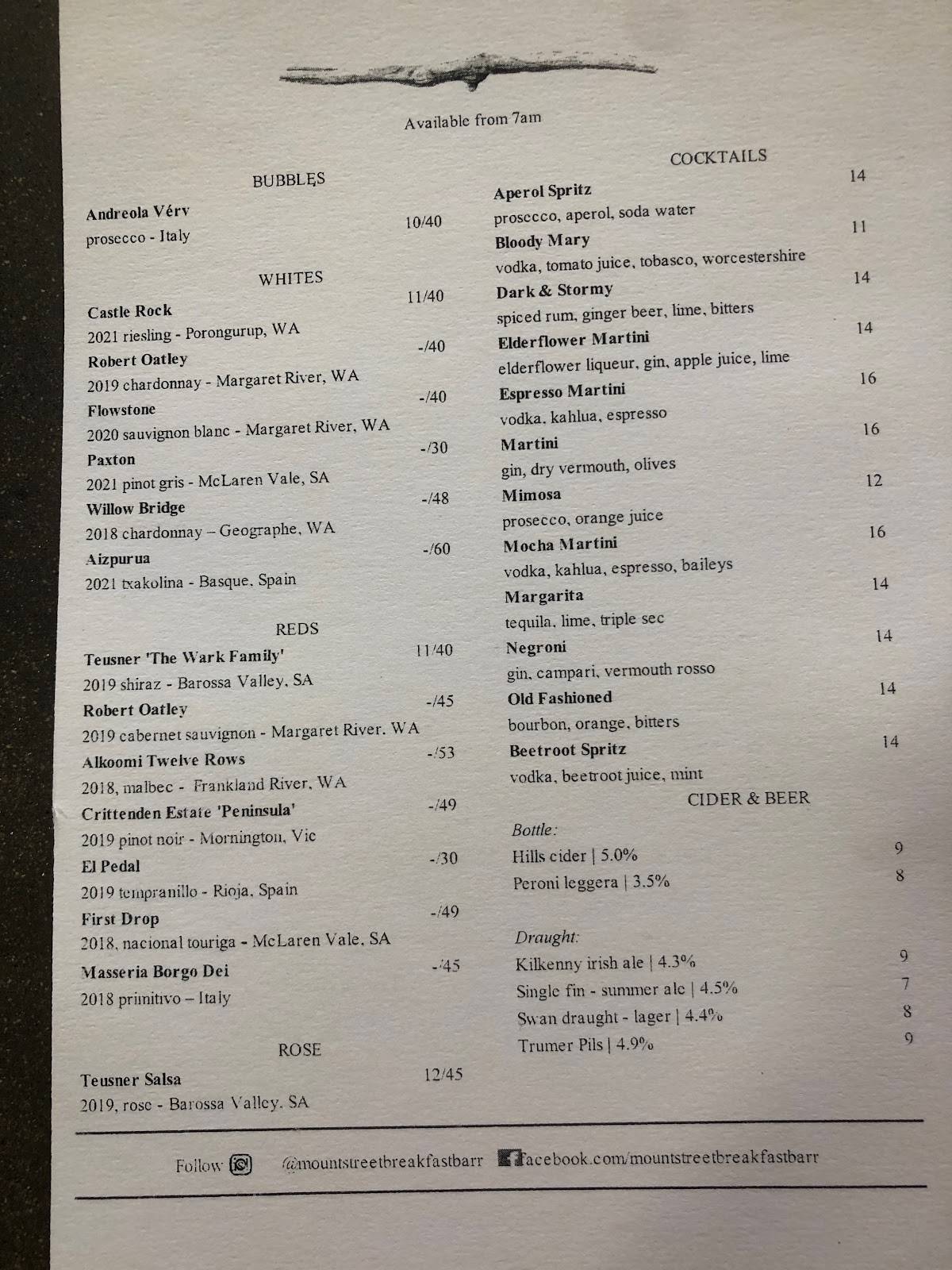 Menu at Mount Street Breakfast Bar, West Perth