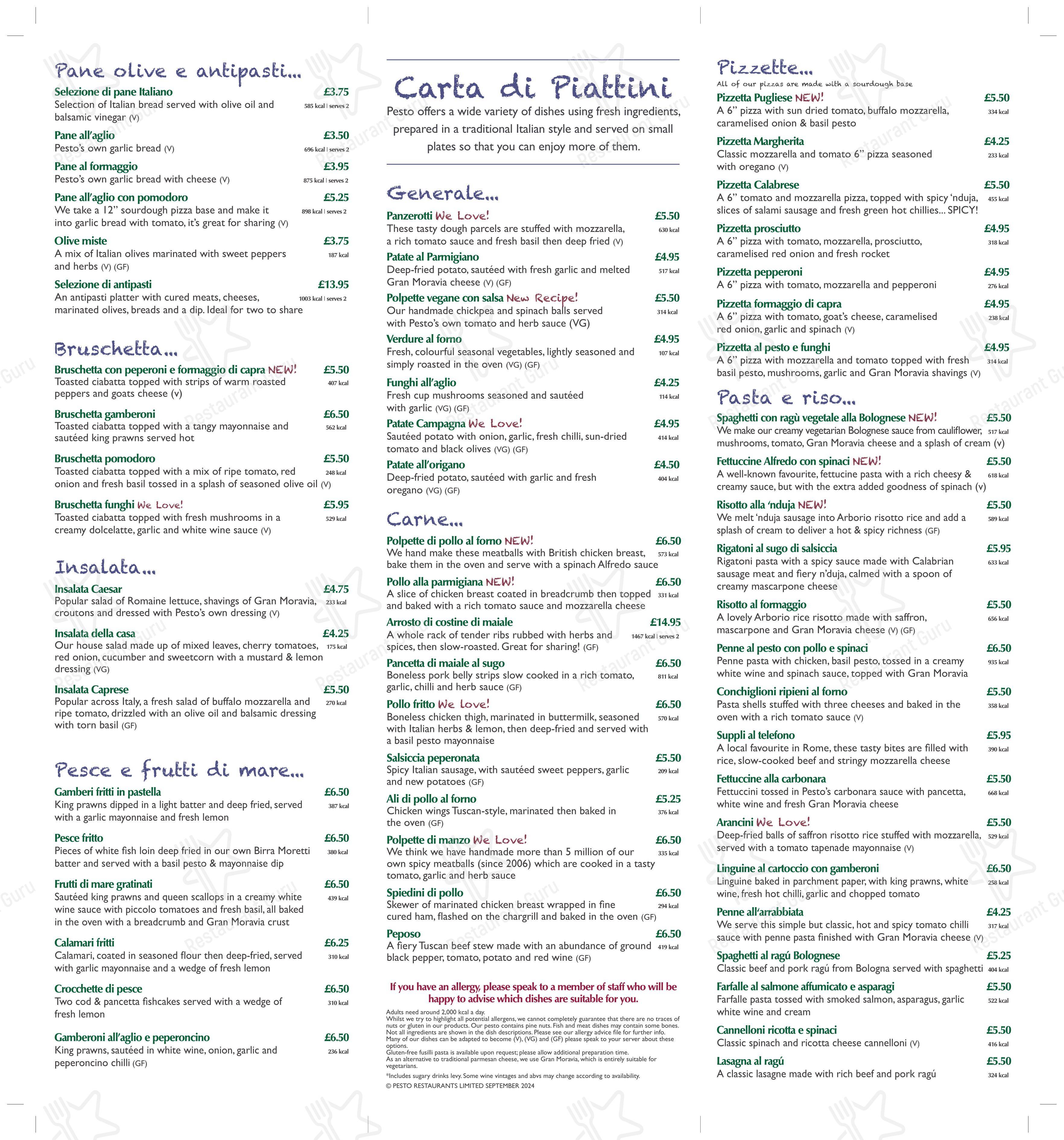 Menu at Pesto at the Axe & Compass pizzeria, Hinckley