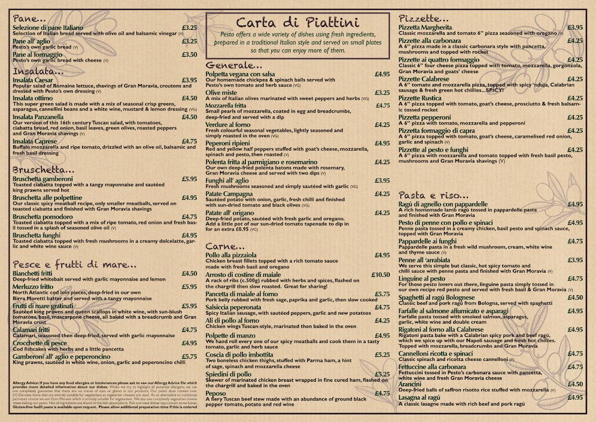 Menu at Pesto at the Axe & Compass pizzeria, Hinckley