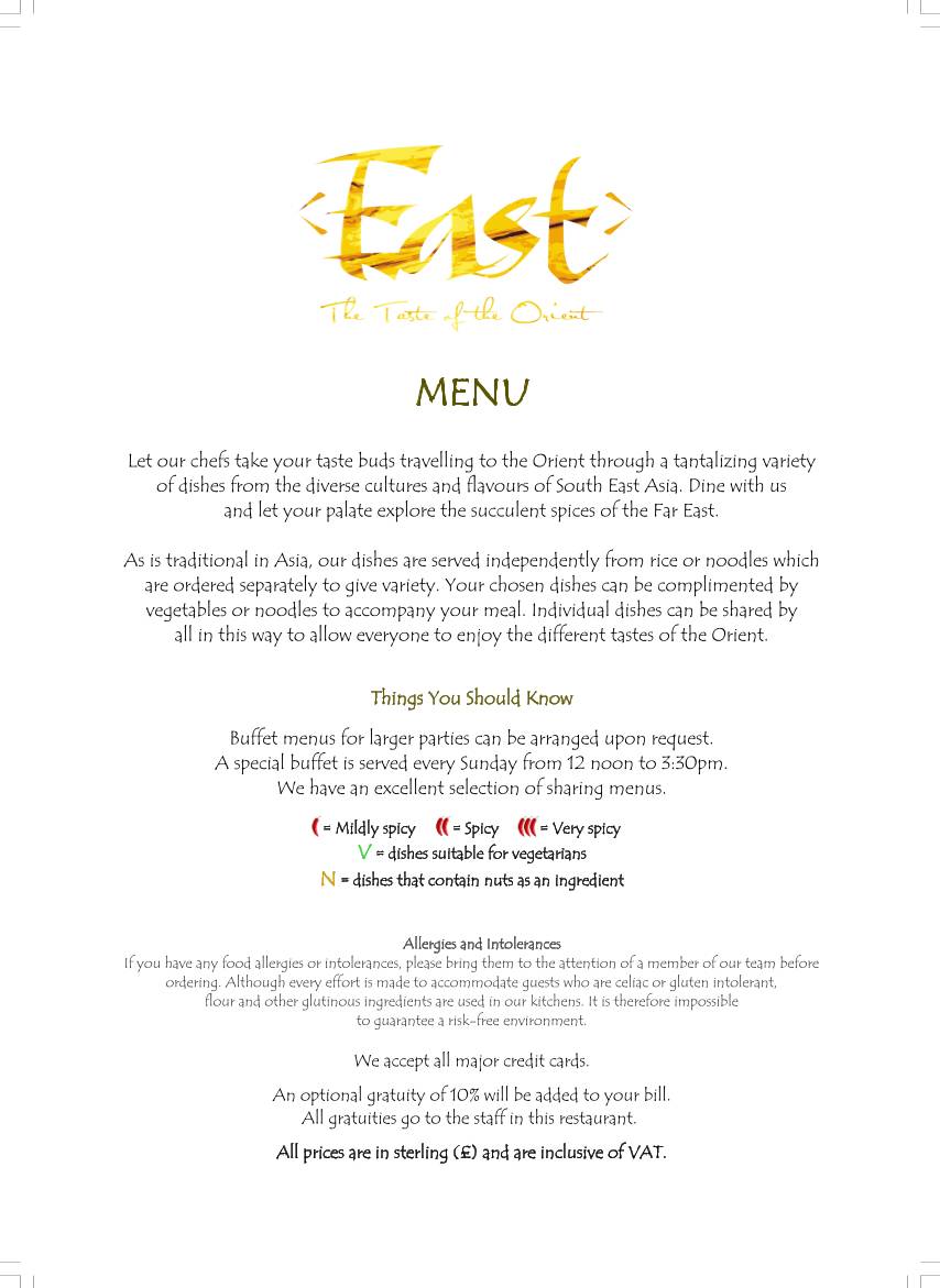 Menu at East Restaurant - Thai / Japanese / Korean / Chinese ...
