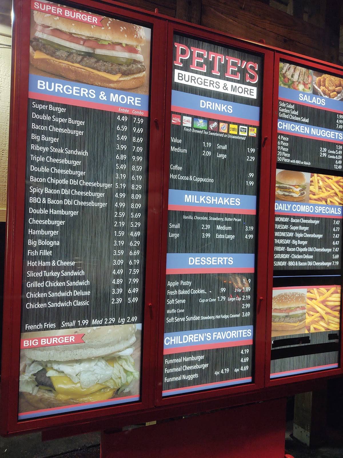 Menu at Pete's Burgers and More fast food, Reidsville