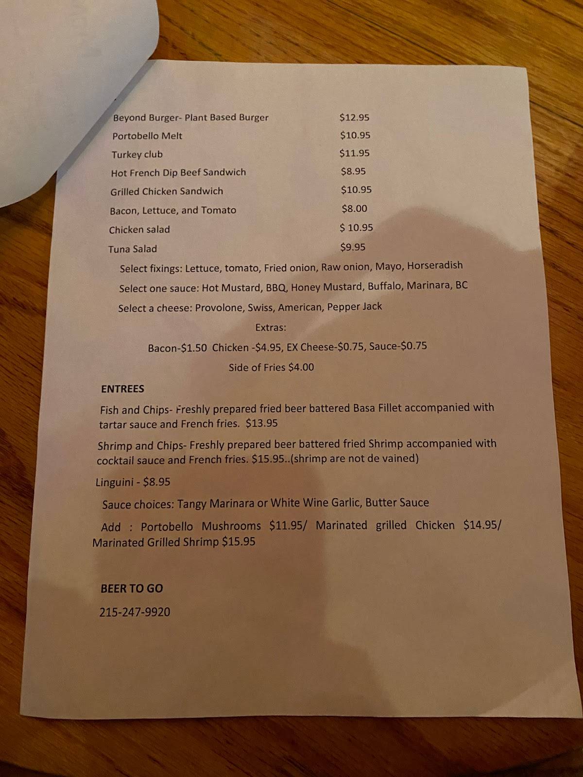 Menu at McMenamin's Tavern pub & bar, Philadelphia