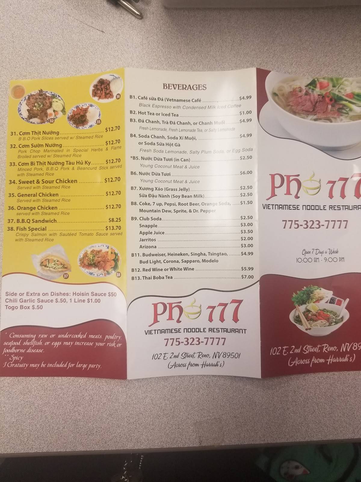 Menu at Phở 777 Vietnamese Noodle Restaurant, Reno