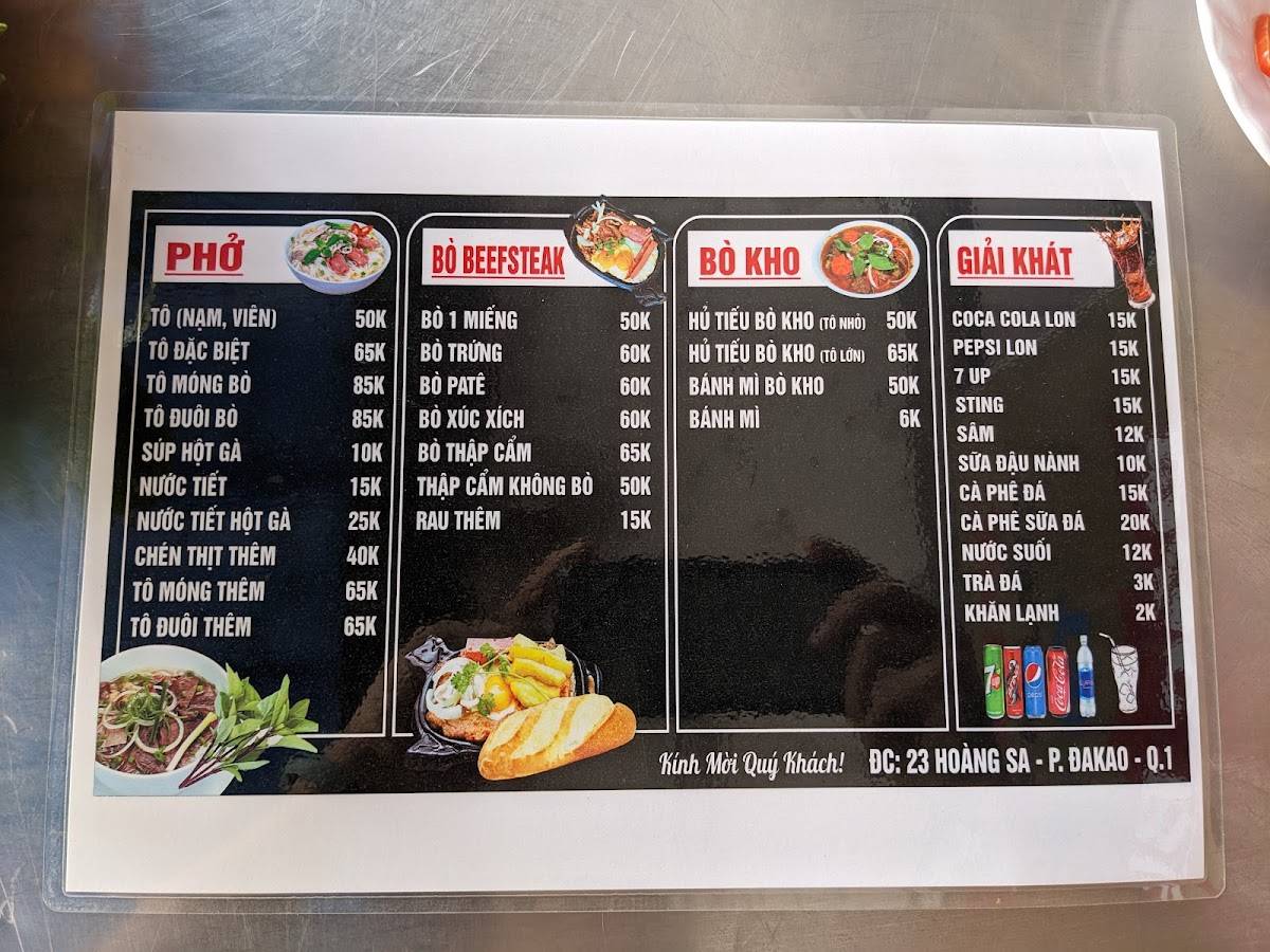 Menu at Phở Bê Thanh Đa restaurant, Ho Chi Minh City, 23 Đ. Hoàng Sa