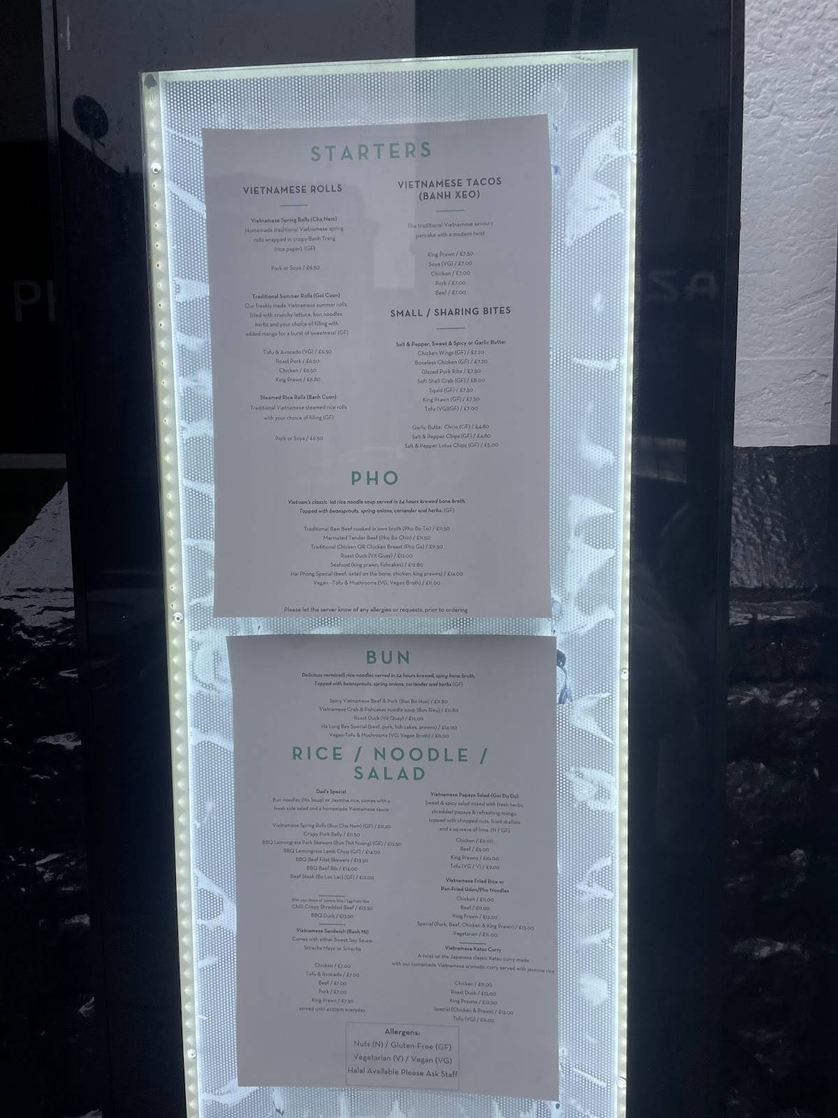 Menu at Pho Cue restaurant, Manchester