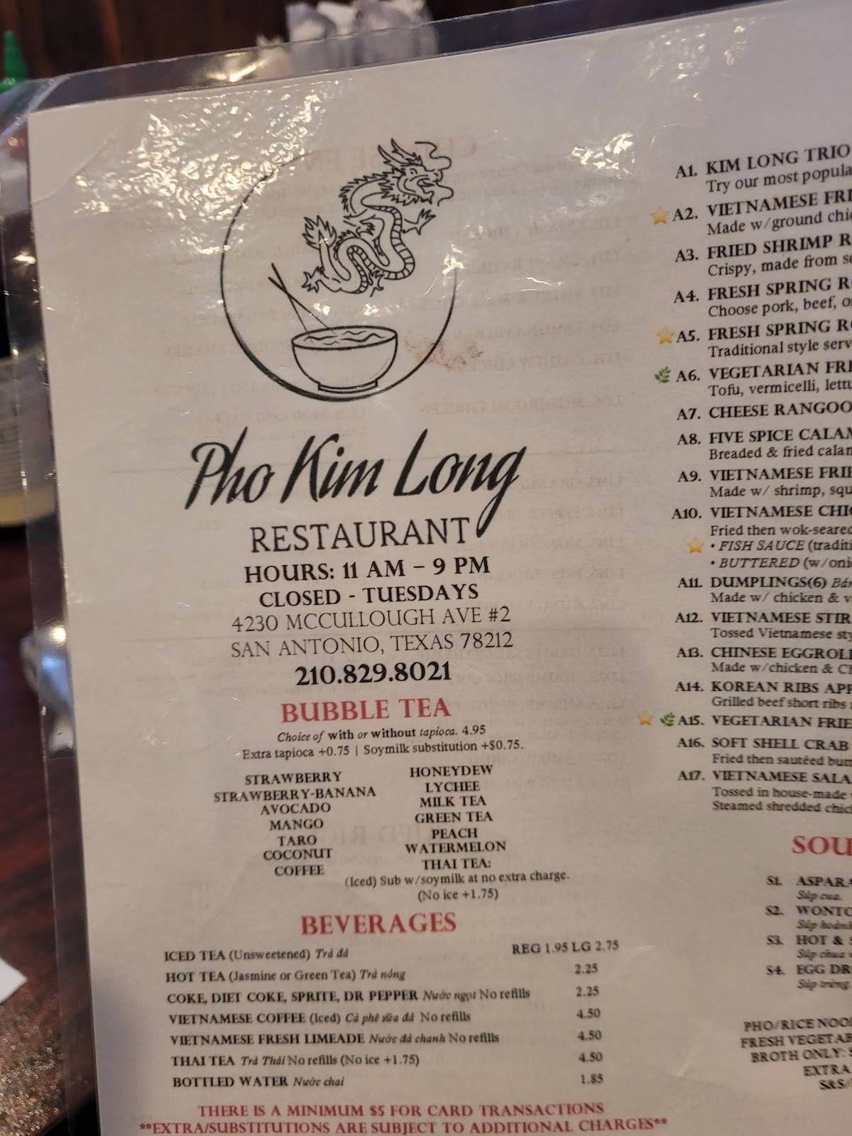 Menu at Pho Kim Long restaurant, San Antonio, McCullough Ave #2