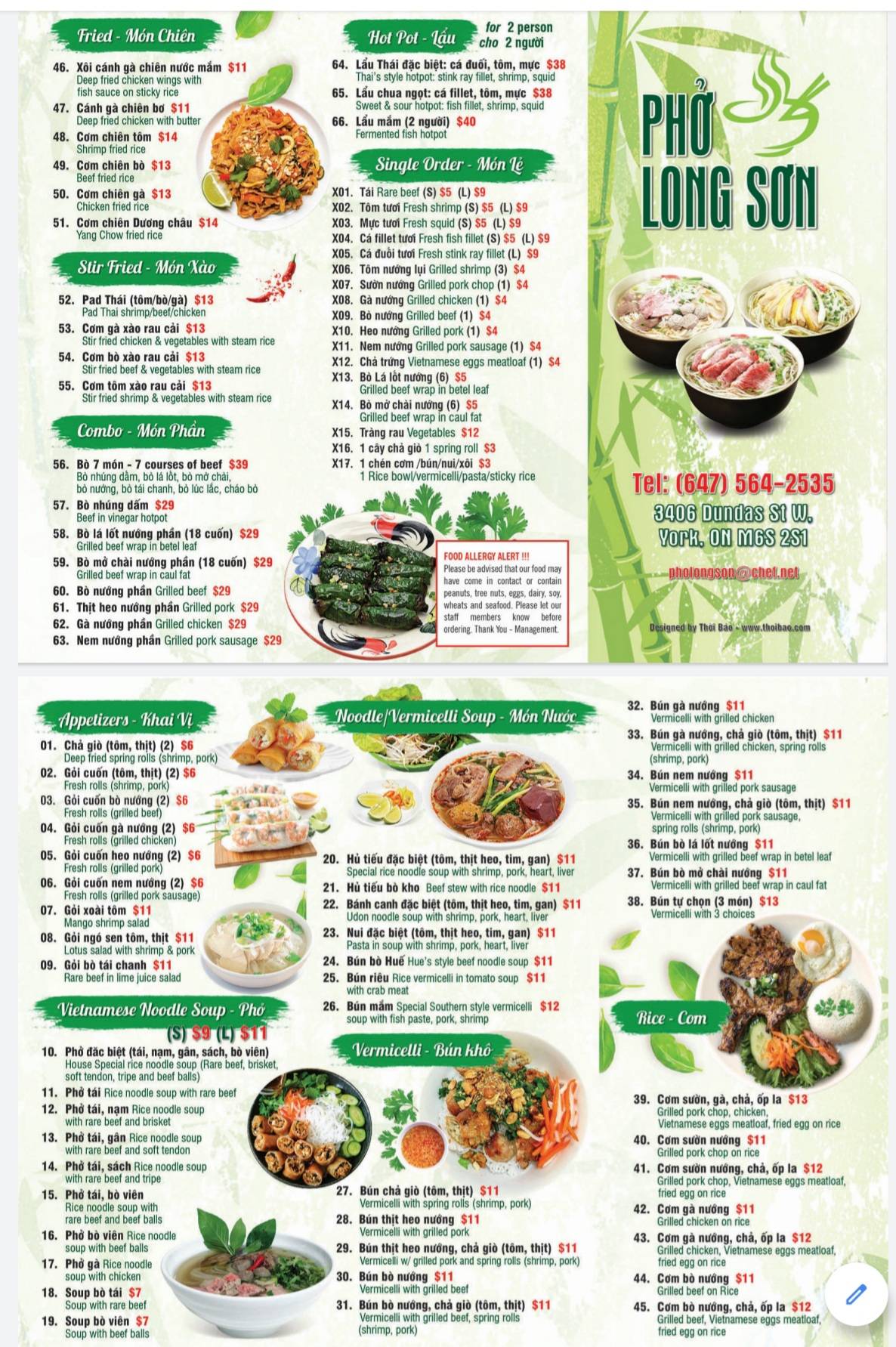 Menu at Pho Long Son (Phở Long Sơn) restaurant, Toronto