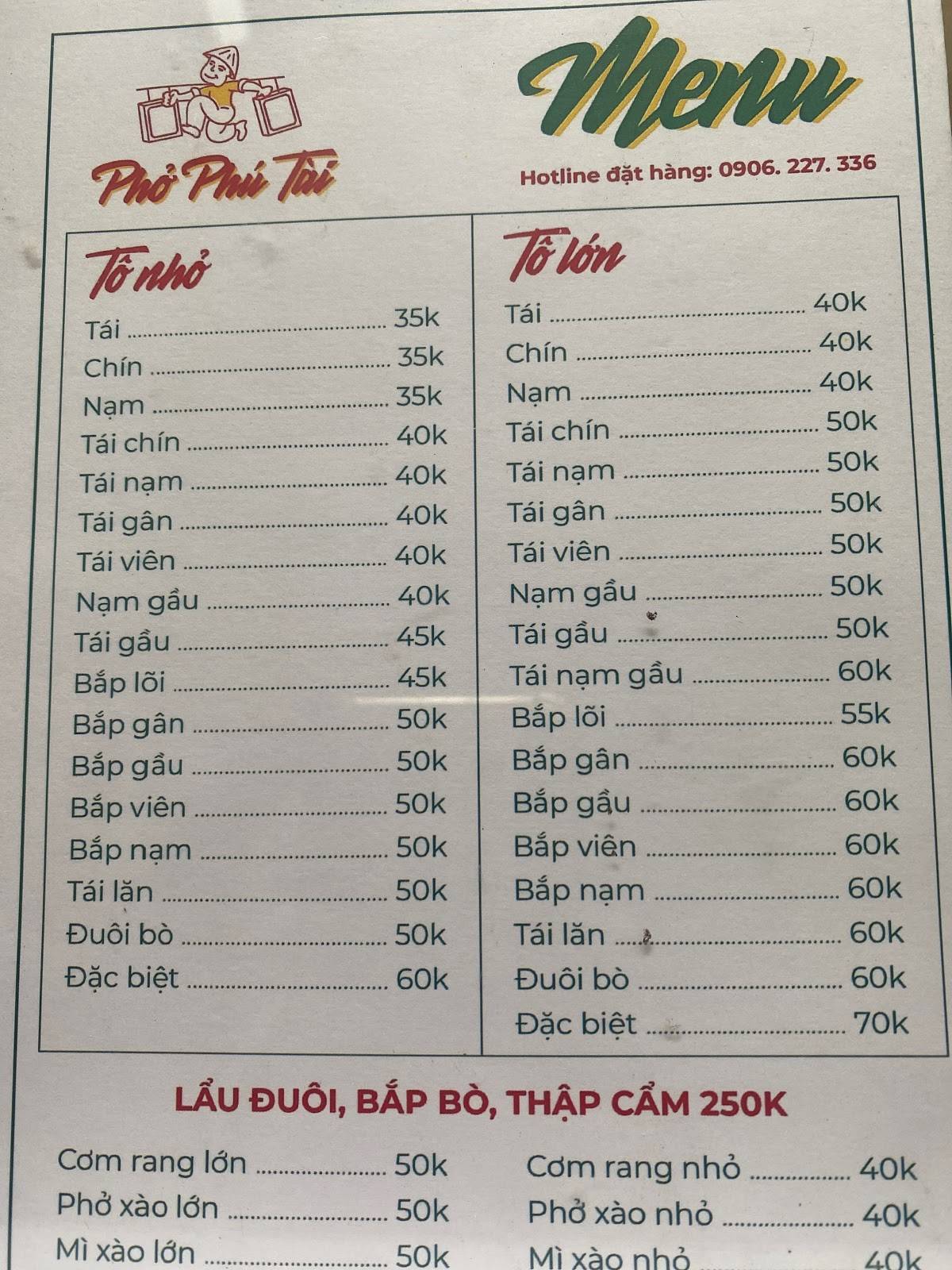 Menu at Phở Phú Tài restaurant, Ho Chi Minh City