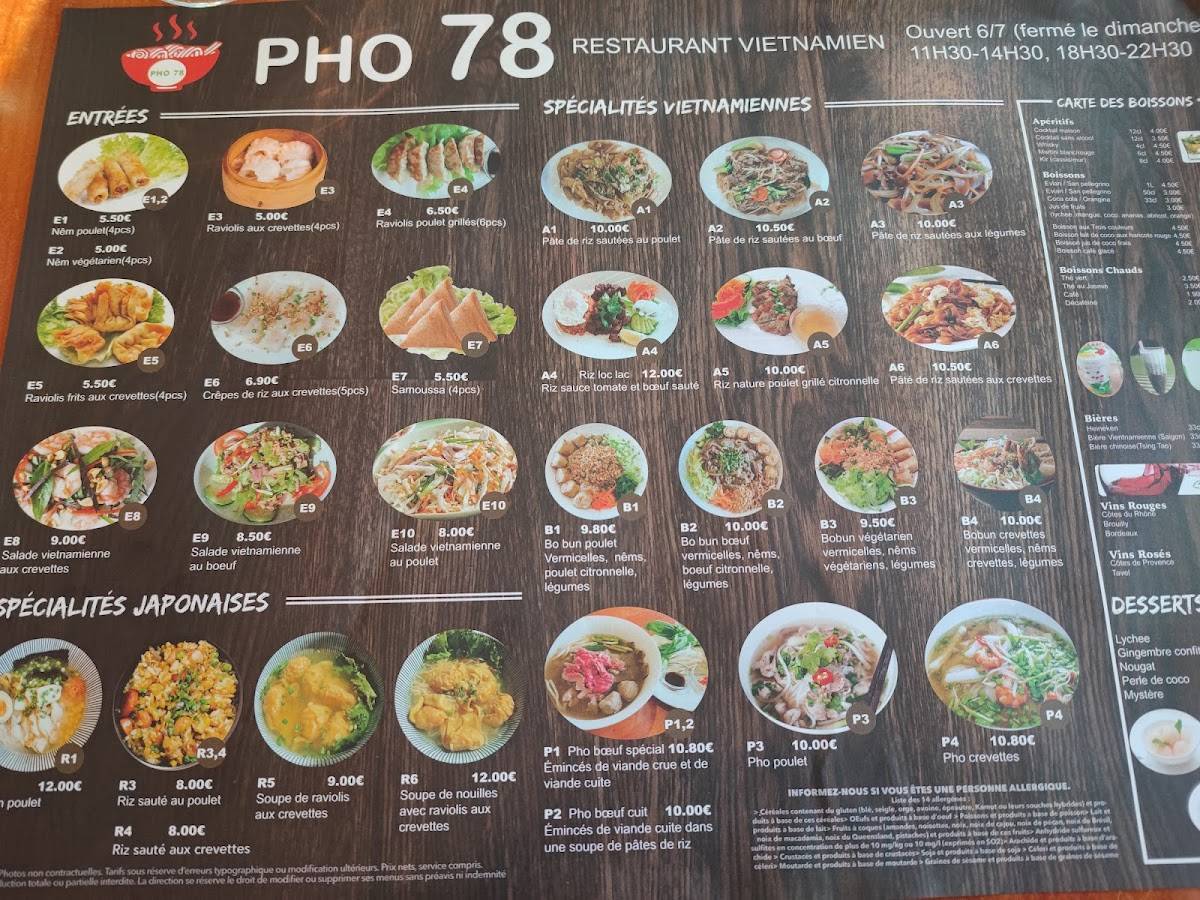 Menu au Pho78 restaurant, Montigny-le-Bretonneux