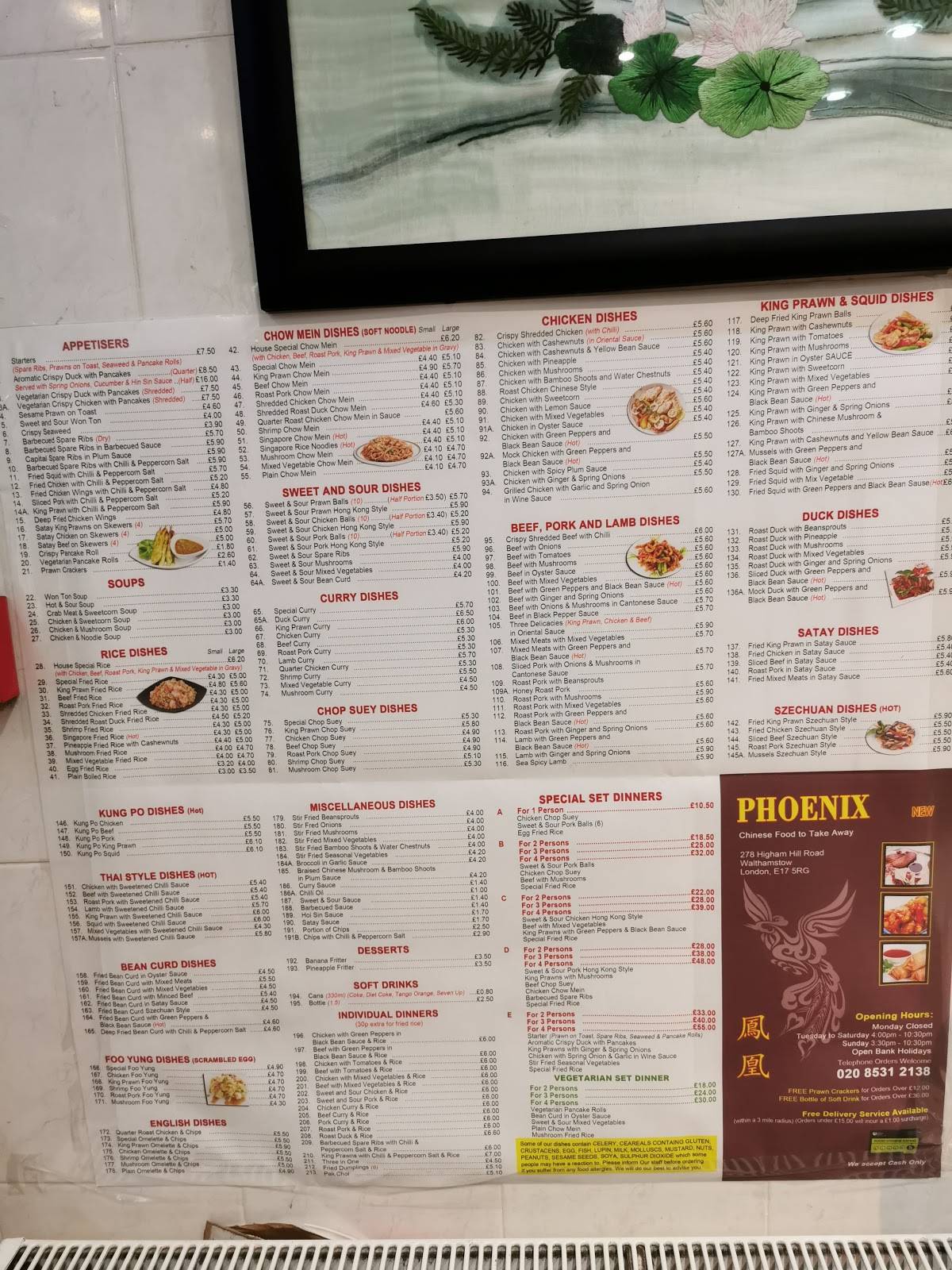 Menu at Phoenix Chinese Takeaway fast food, London, 278 Higham Hill Rd