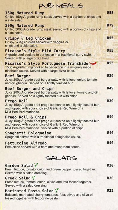 Menu at Picasso's Pub & Pizzeria, Pretoria