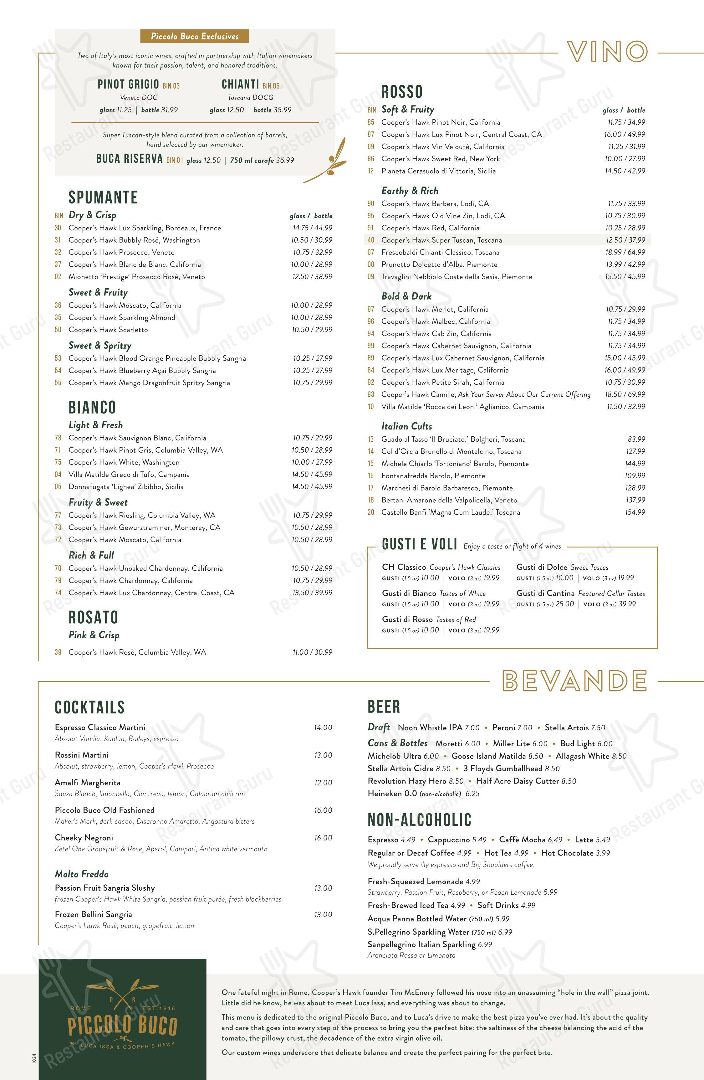 Menu at Piccolo Buco by Cooper’s Hawk restaurant, Oak Brook