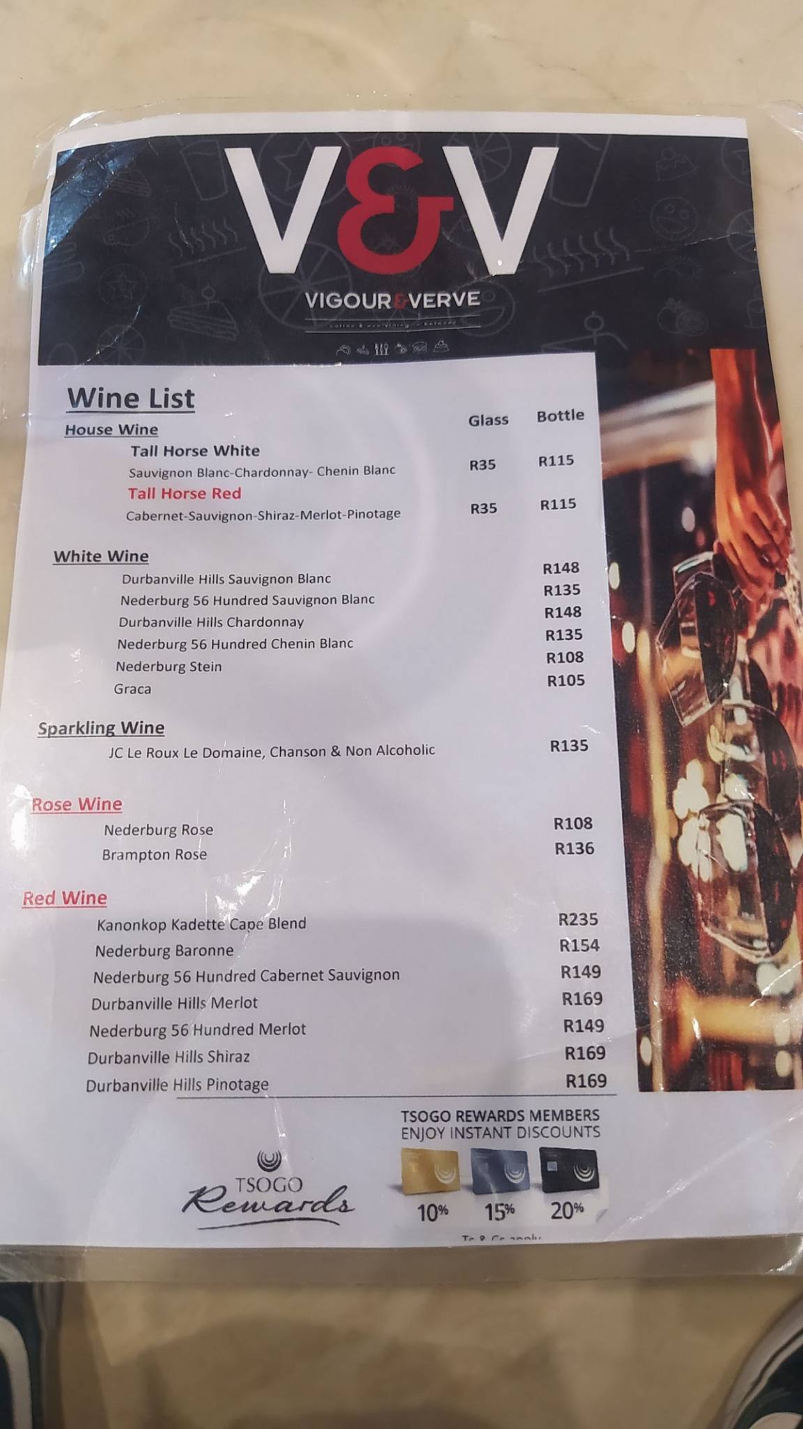 Menu at Café Vigour restaurant, Pietermaritzburg