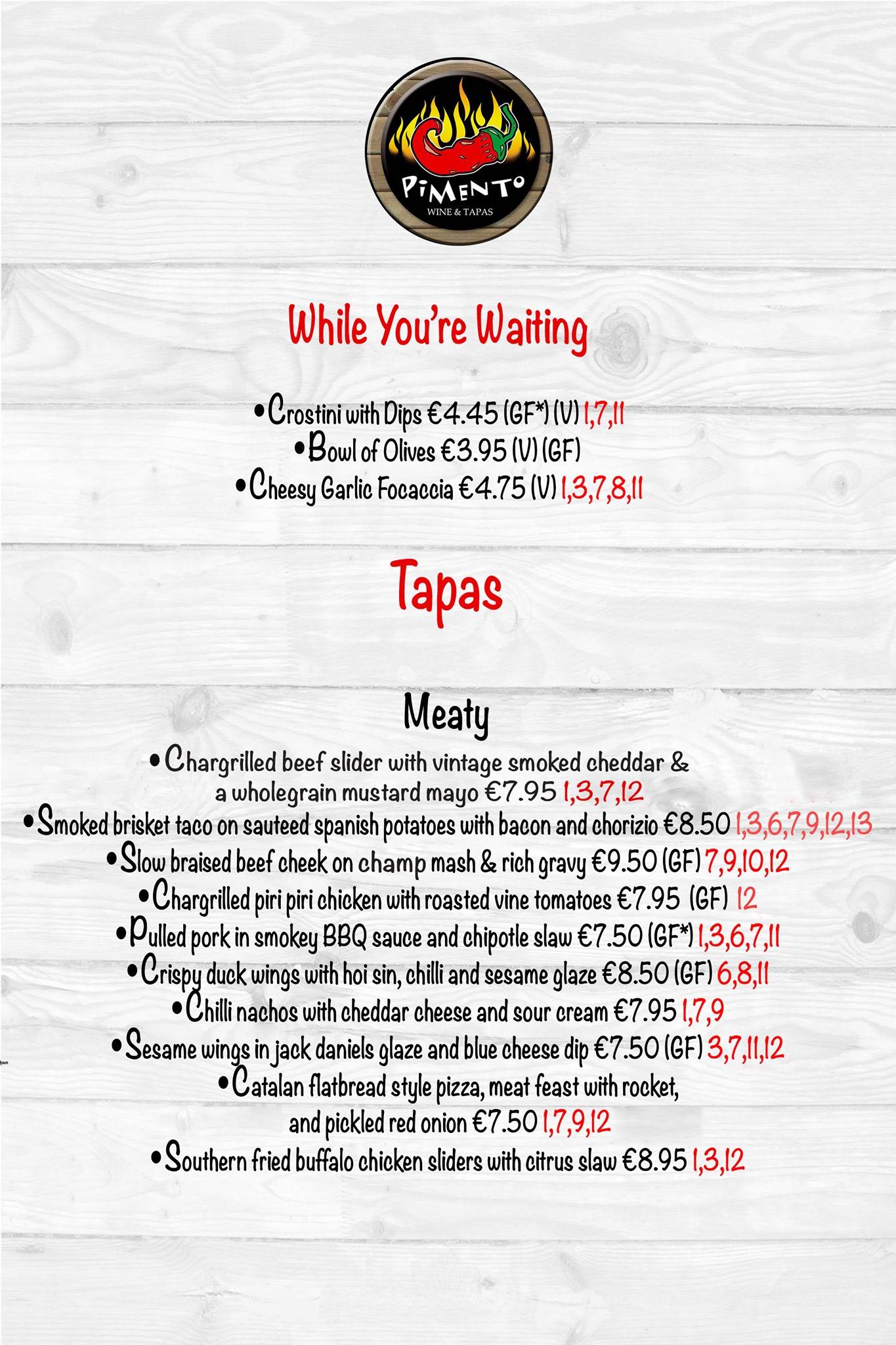 Menu at Pimento pub & bar, Carlow