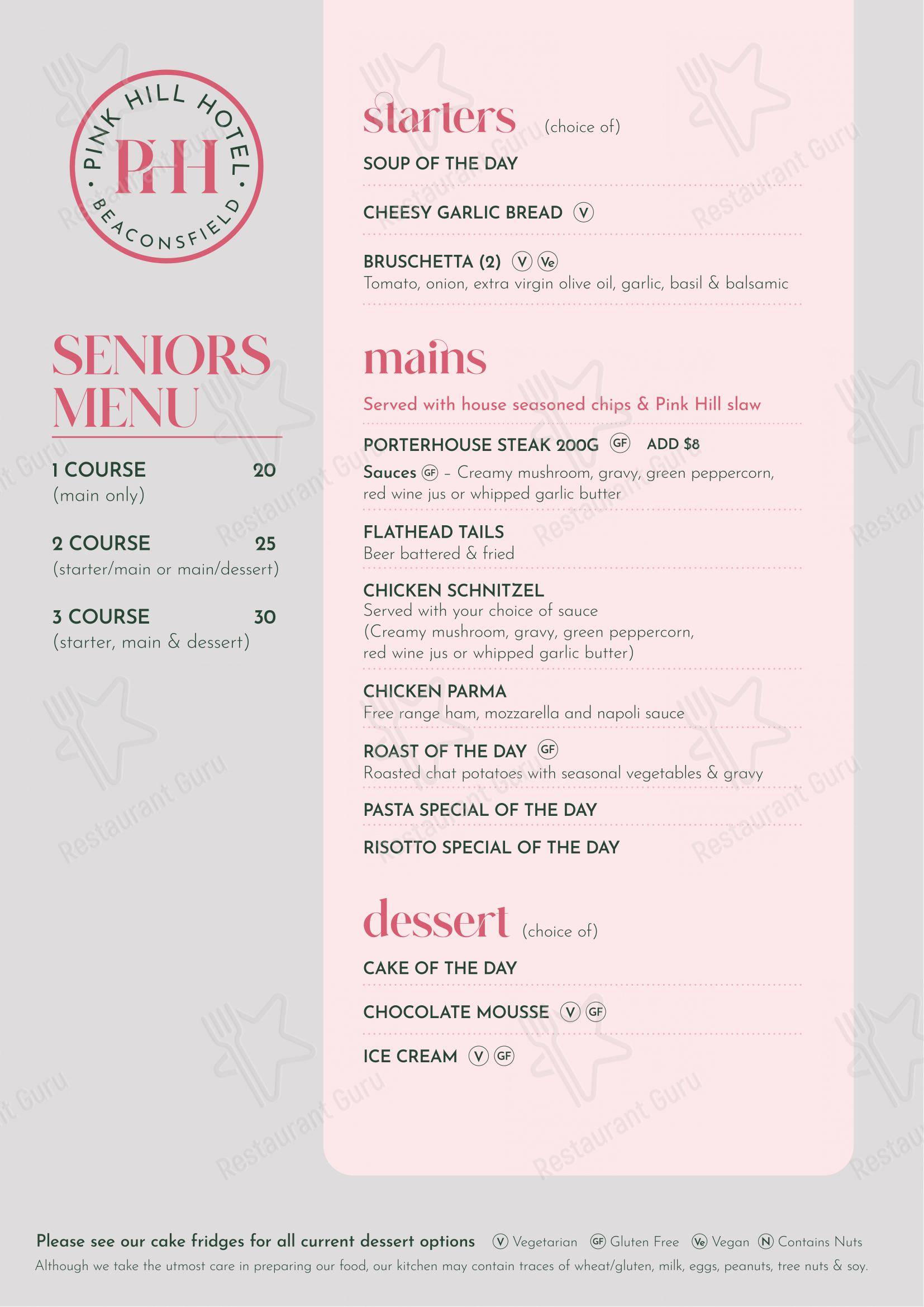 Menu at Pink Hill Hotel pub & bar, Beaconsfield