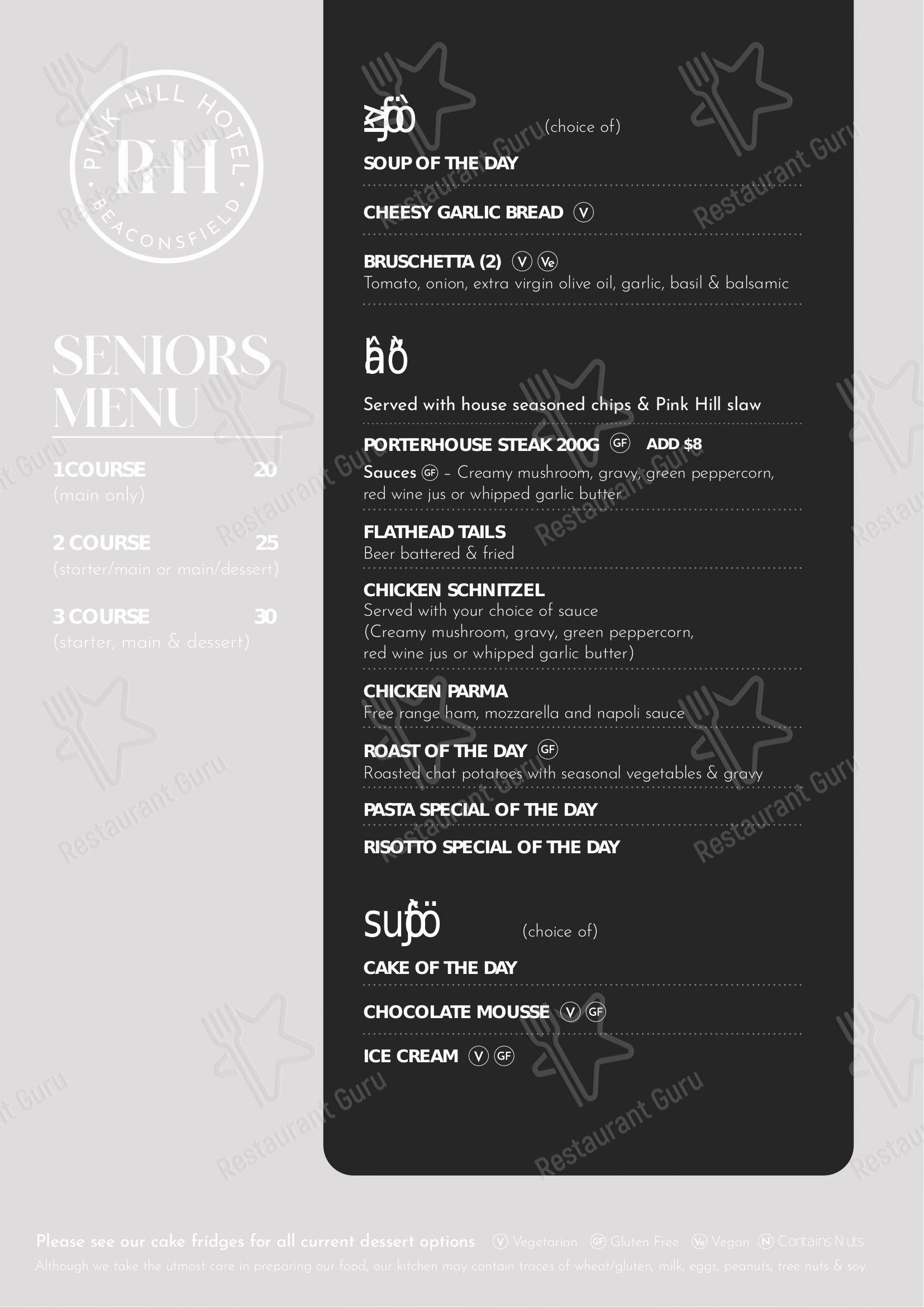 Menu at Pink Hill Hotel pub & bar, Beaconsfield