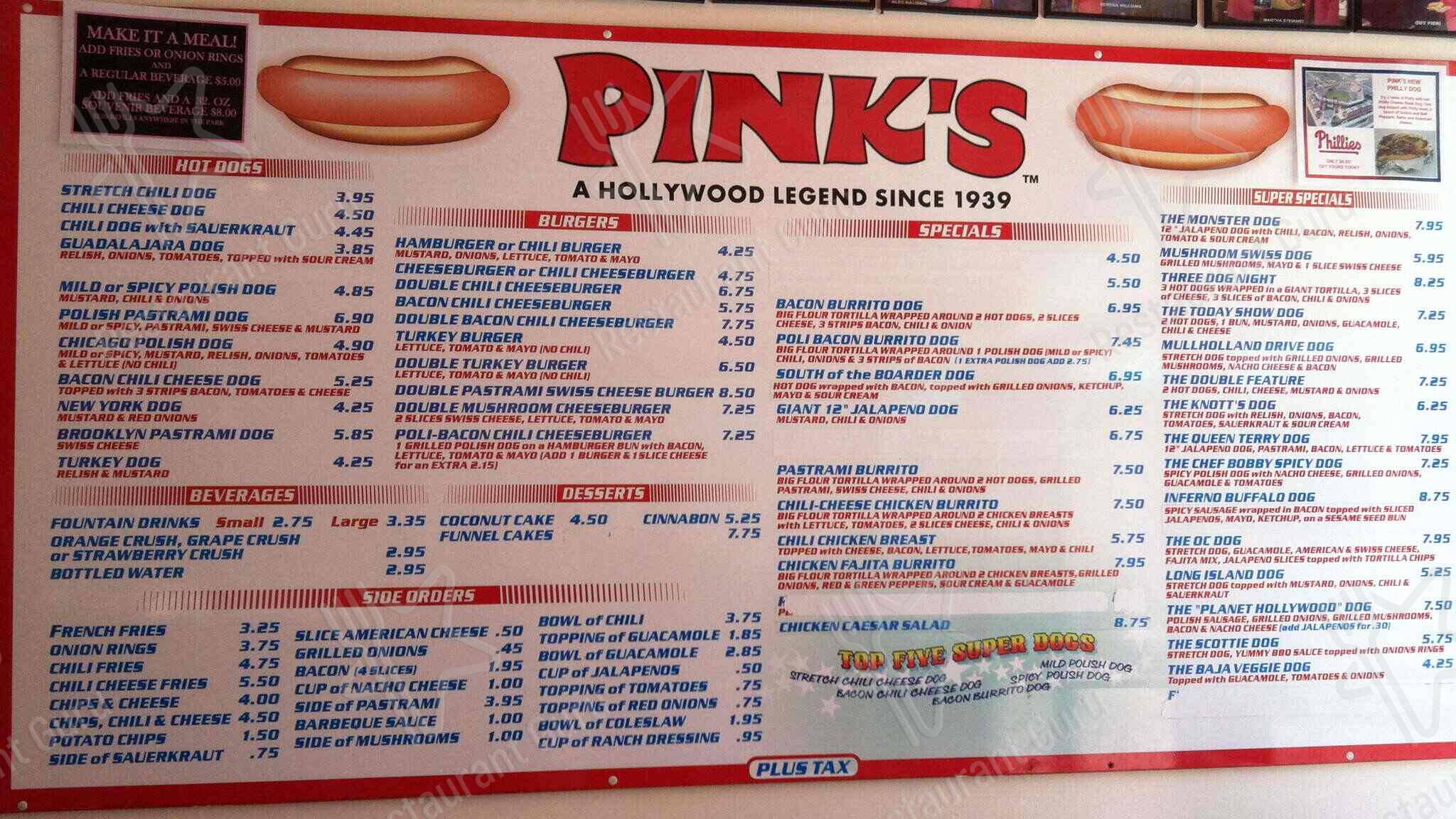 Menu at Pink's Hot Dogs restaurant, Buena Park