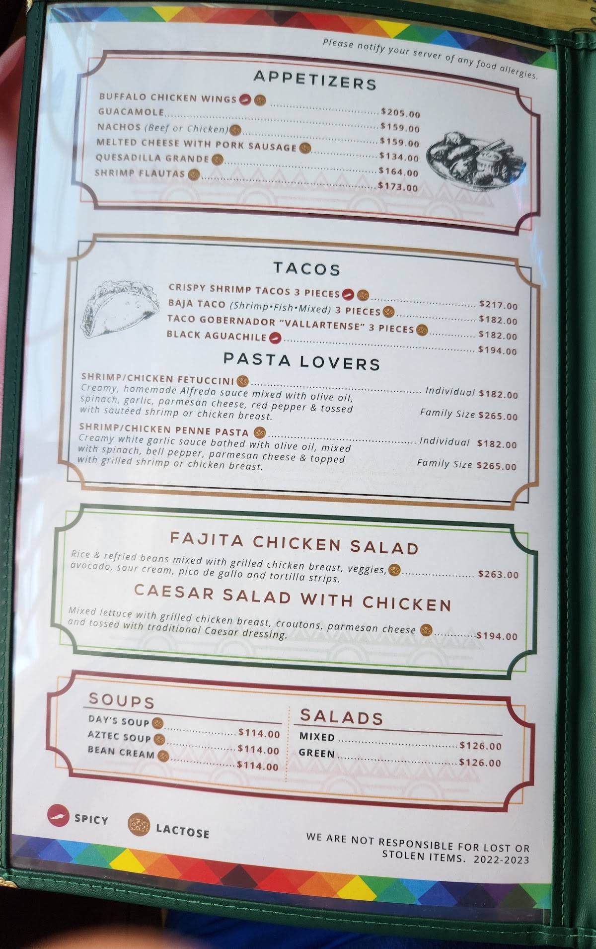 Menu at Pipis restaurant, Puerto Vallarta