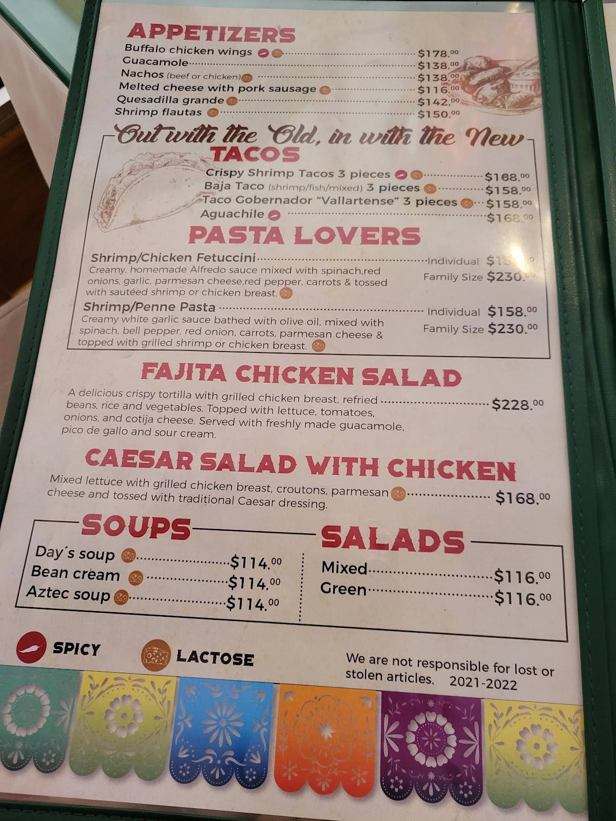 Menu at Pipis restaurant, Puerto Vallarta