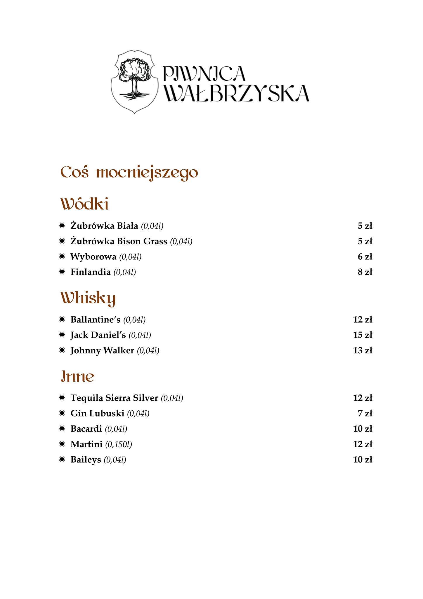Carta del restaurante Piwnica Wałbrzyska, Wałbrzych