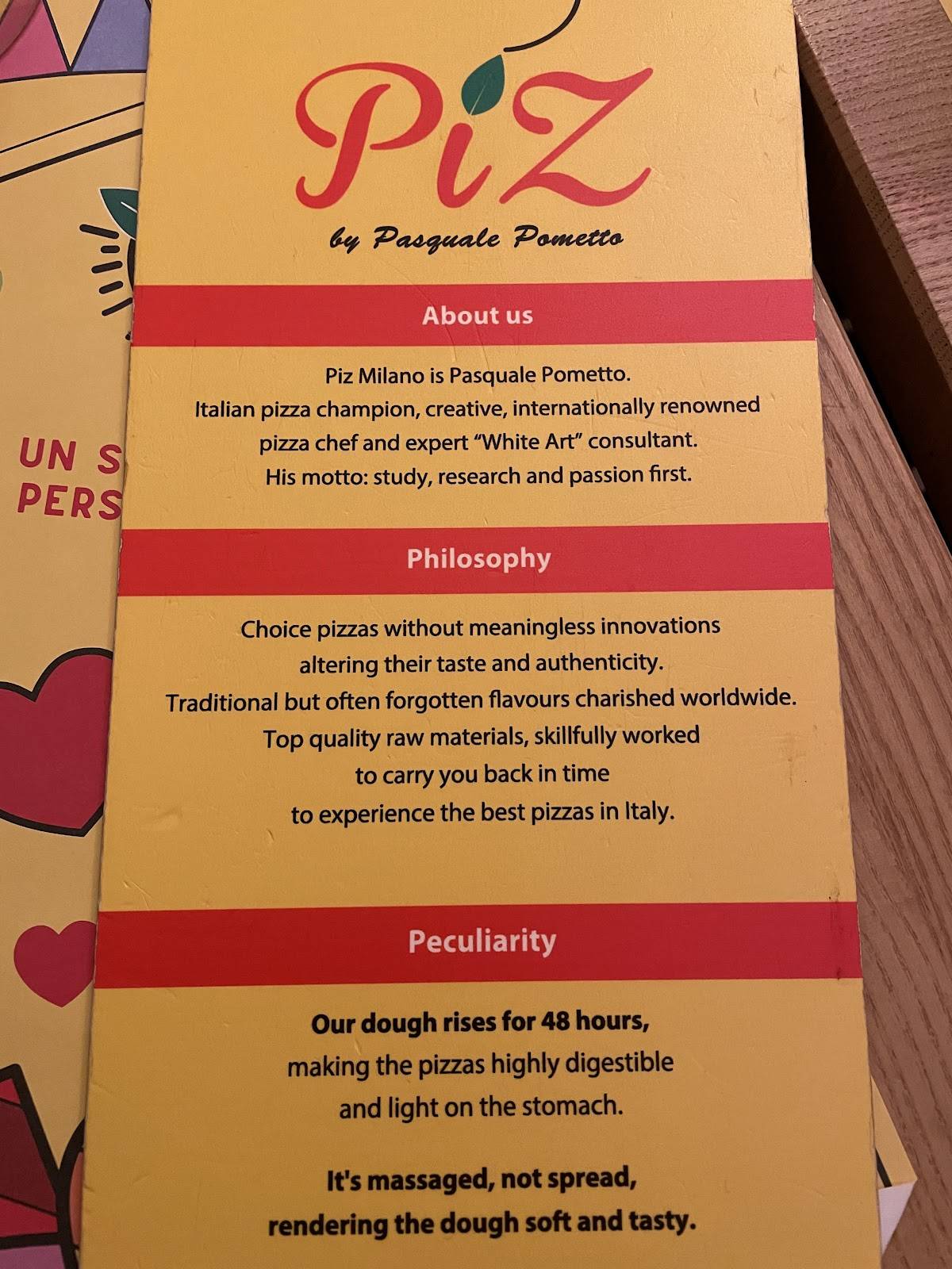 Menu at Piz pizzeria, Milan