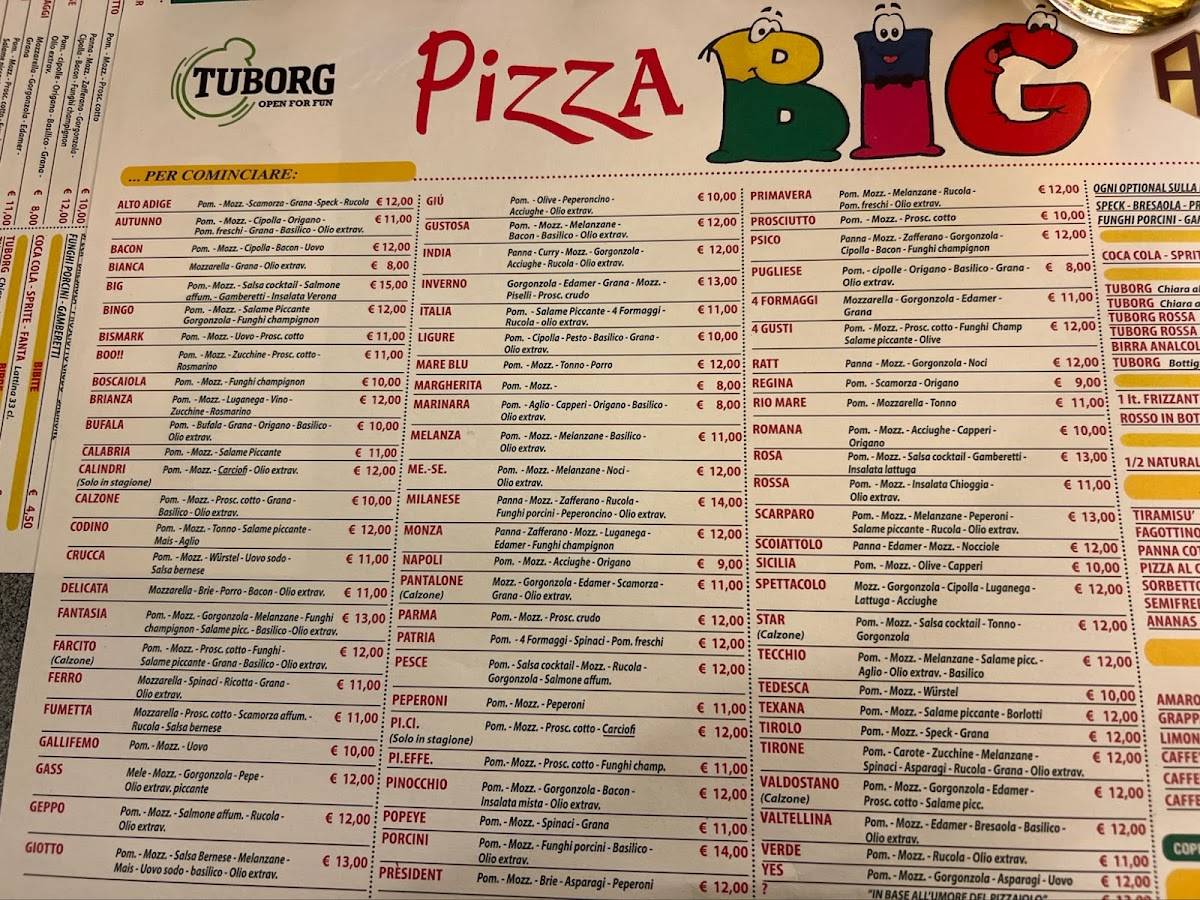Menu at Pizza Big pizzeria, Milan
