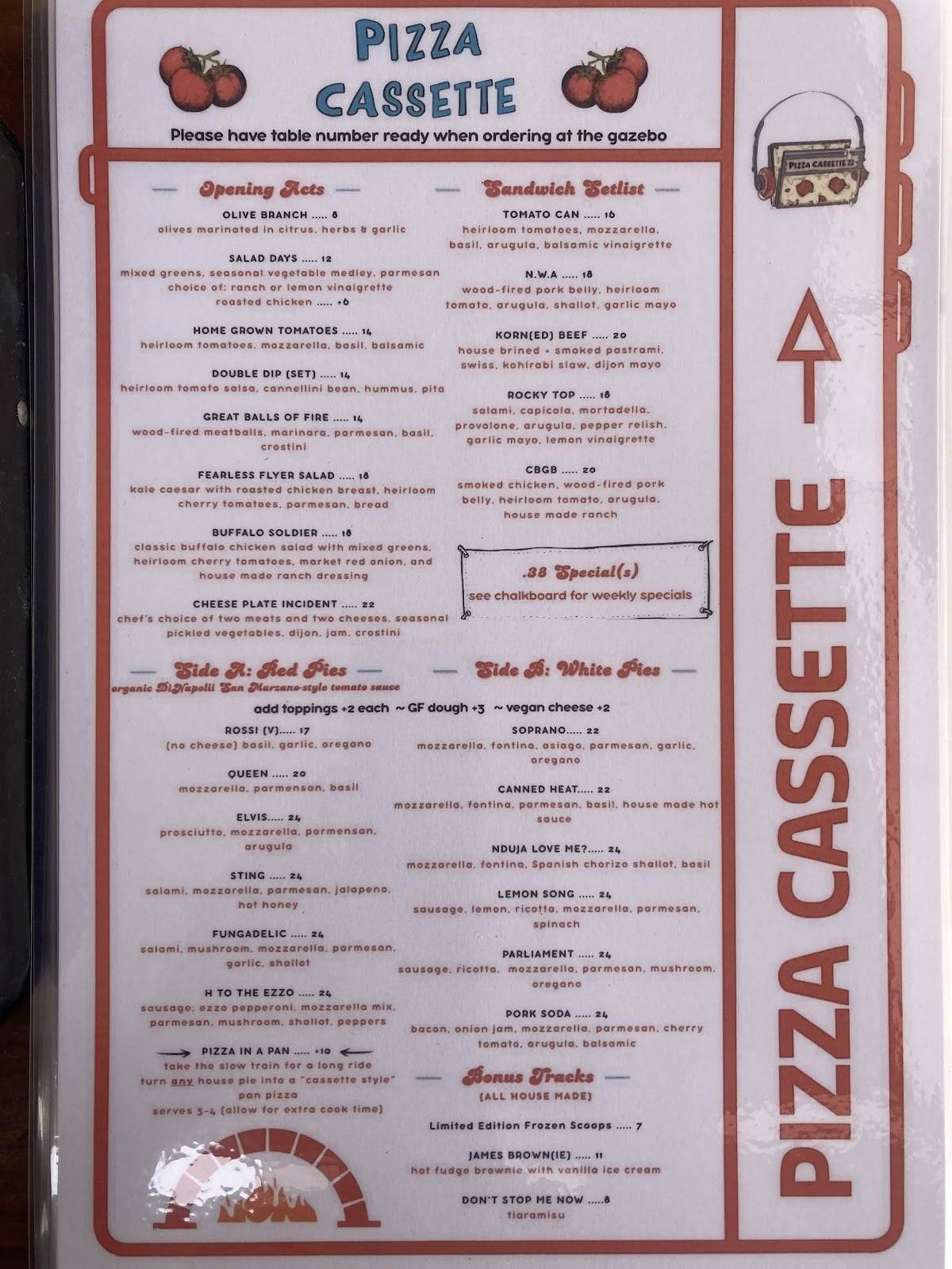 Menu at Pizza Cassette pizzeria, San Diego, Banks St