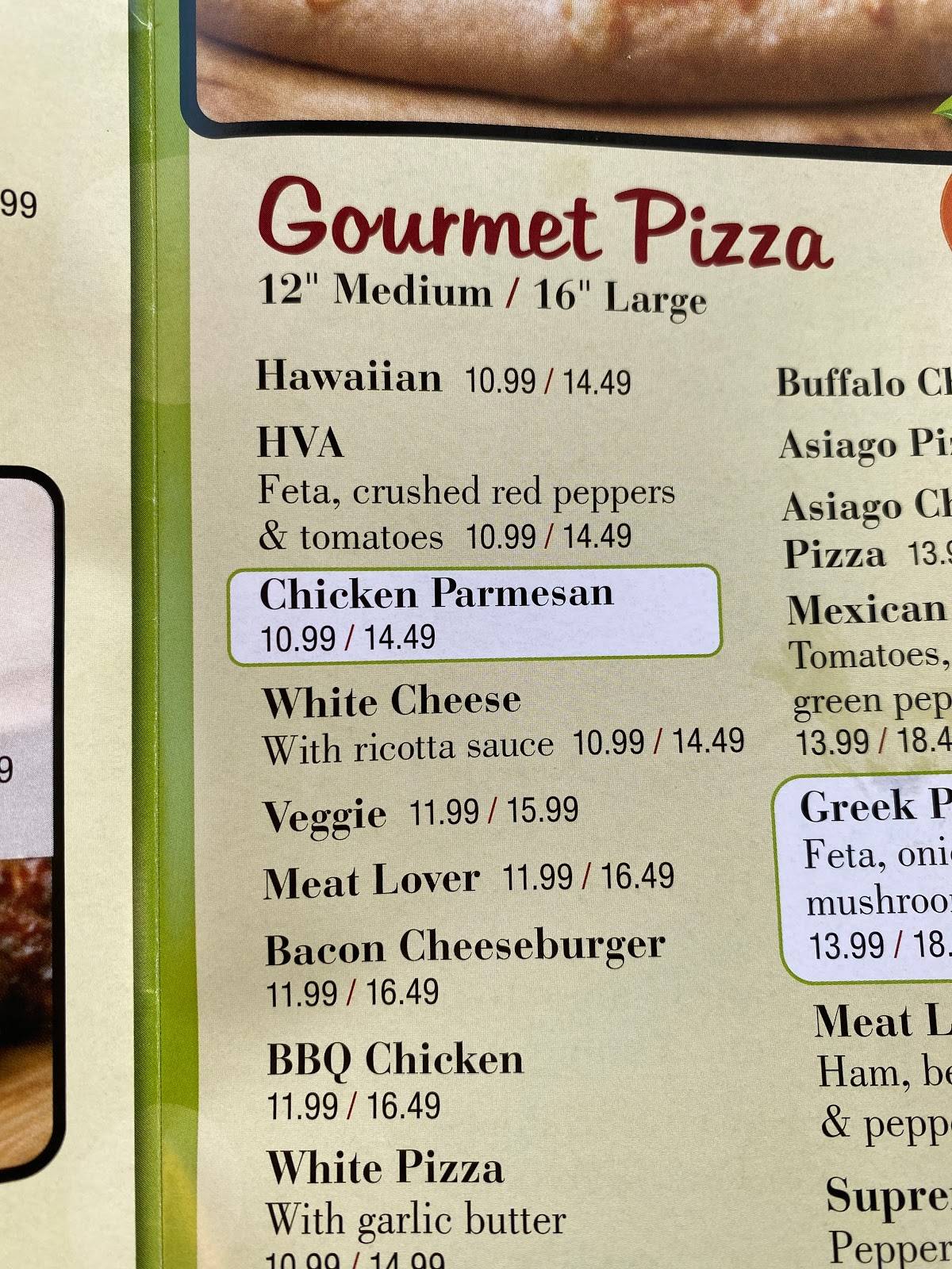 Carta de pizzería Pizza Connection, Cockeysville