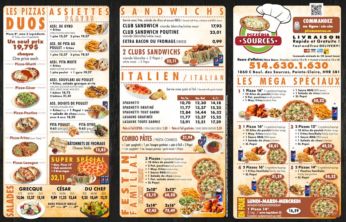 Menu at Pizza Des Sources restaurant, Pointe-Claire