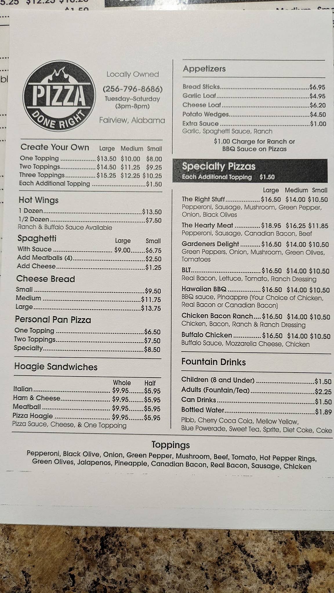 Menu at Pizza Done Right pizzeria, Fairview