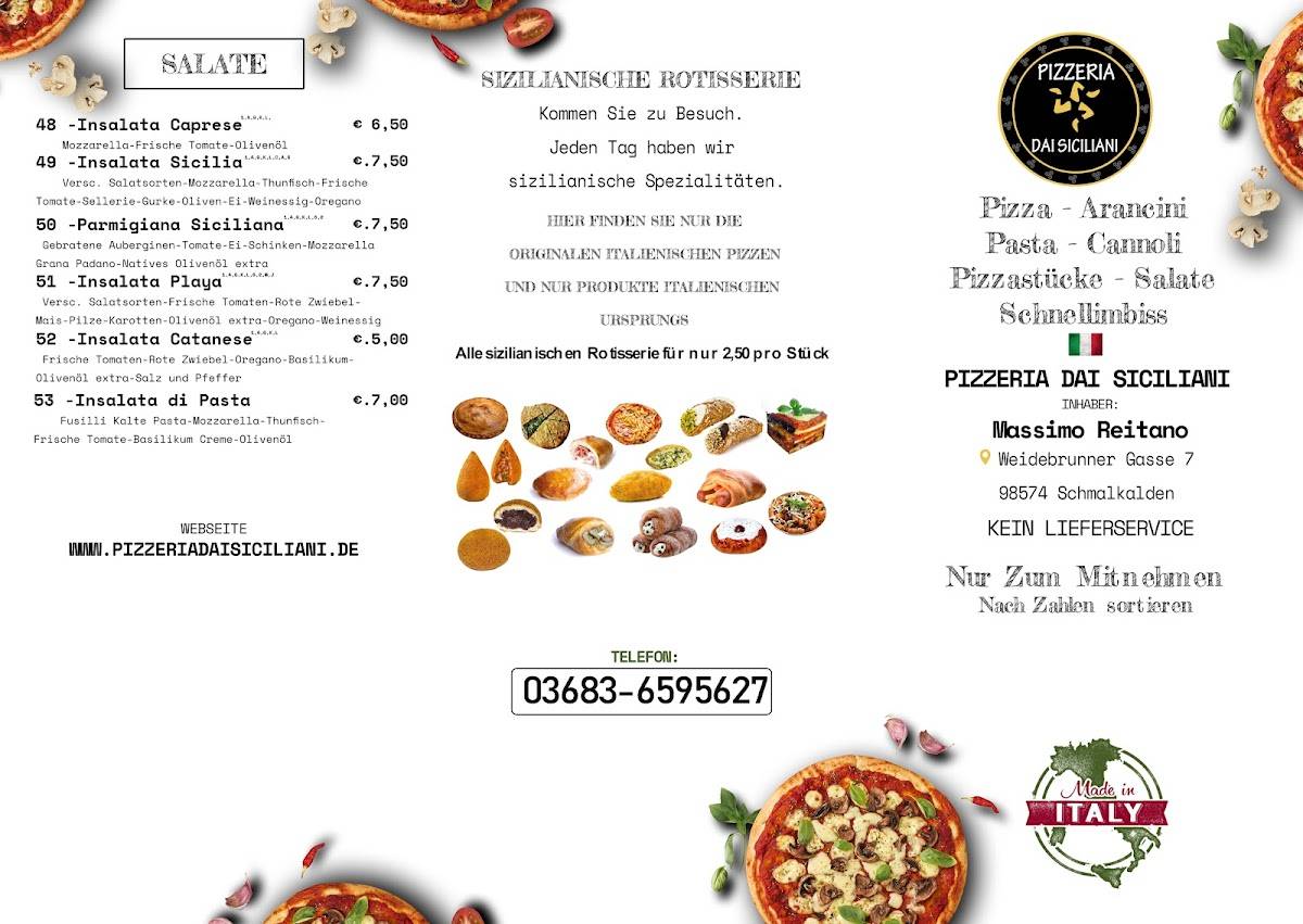 Speisekarte von Pizzeria Dai Siciliani, Schmalkalden