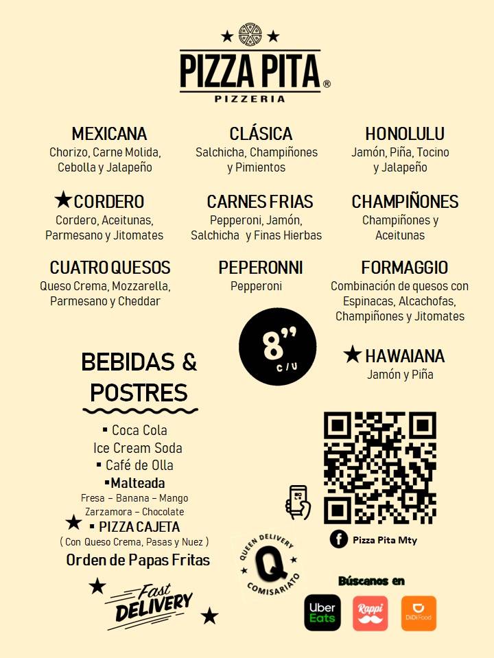 Menu at Pizza Pita restaurant, Monterrey